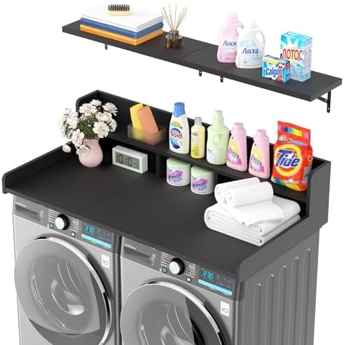 Washer Dryer Countertop with Floating Shelf, Wooden Laundry Countertop ...
