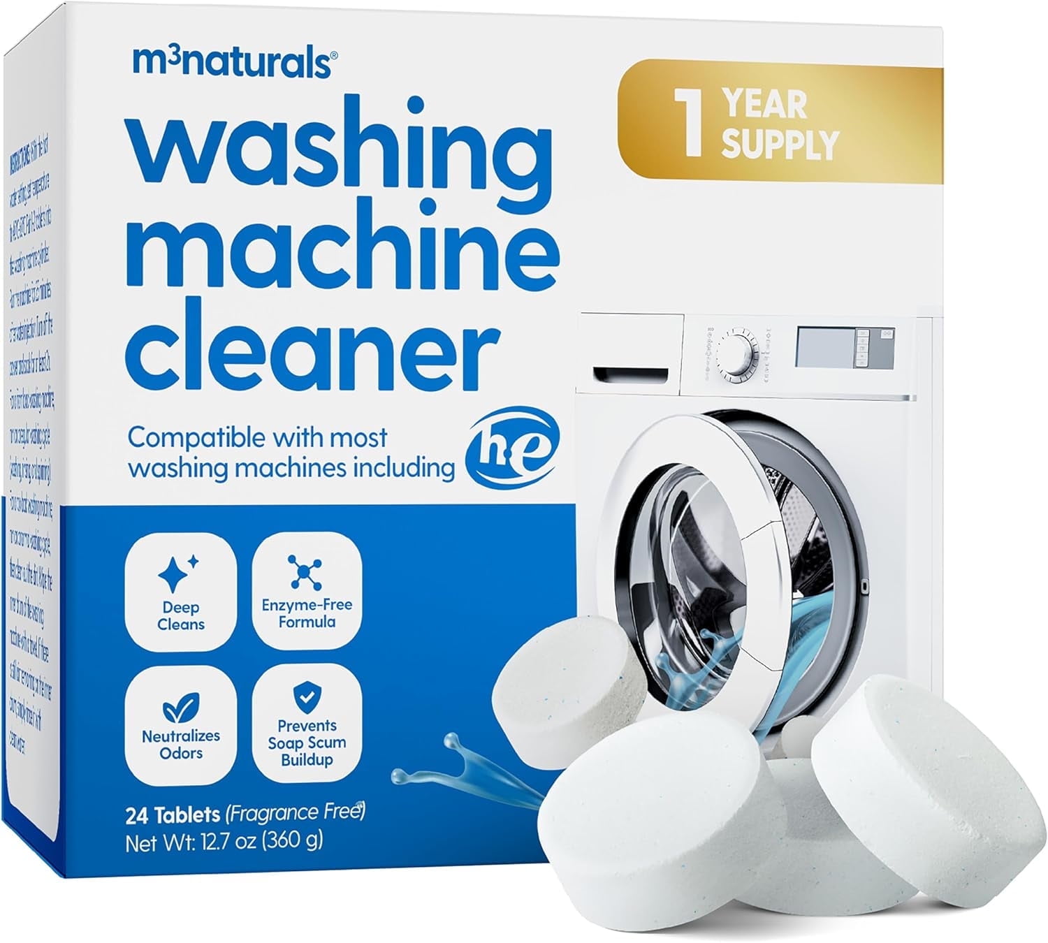 M3 Naturals Washing Machine Cleaner Tablets for HE Top and Front Load ...
