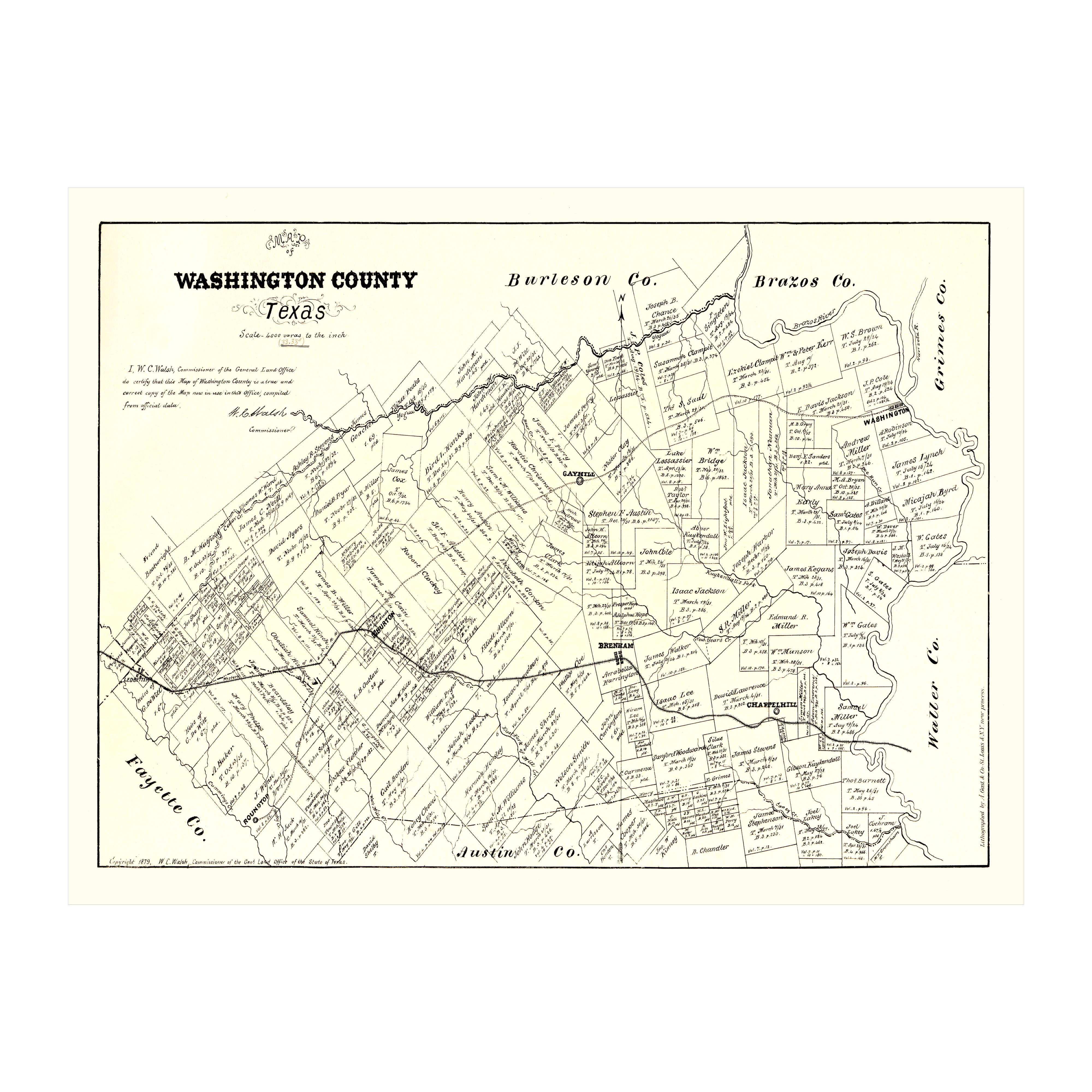 Washington County Texas Art, 1879 Vintage Map of Washington County TX ...