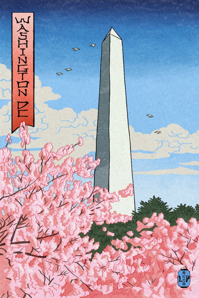 Washington, DC, Washington Monument, Cherry Blossoms (#2), Woodblock ...