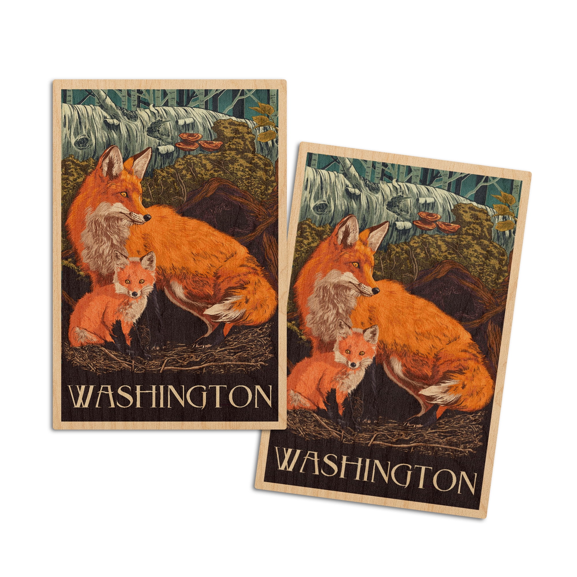 Washington, Fox and Kit, Letterpress (4x6 Birch Wood Postcards, 2-Pack ...