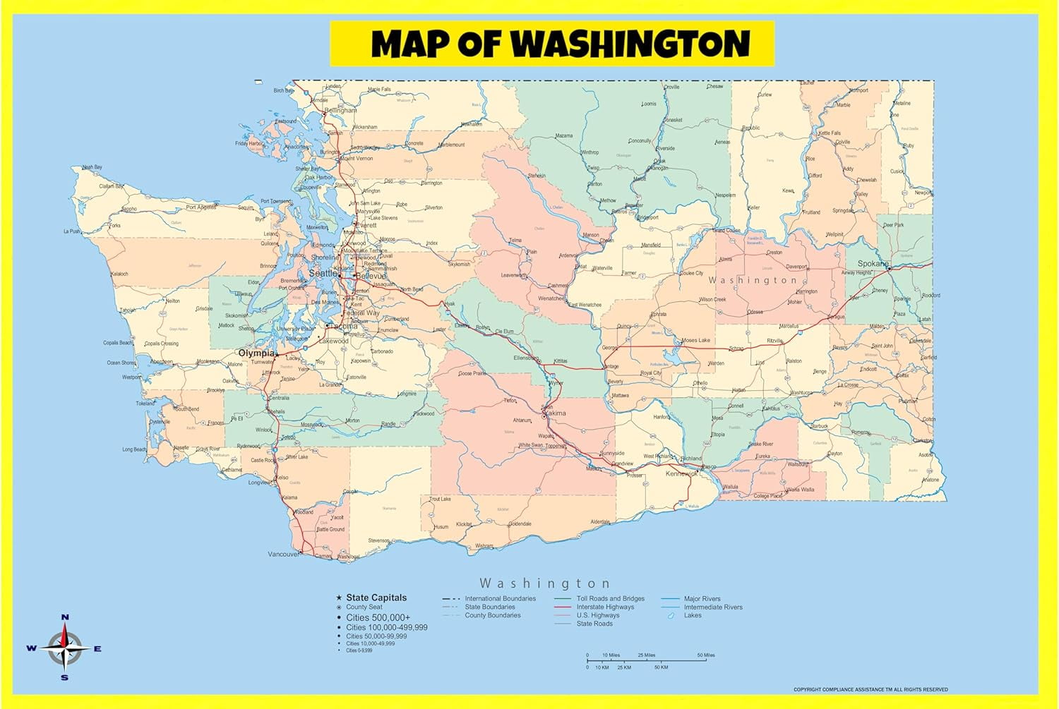 Washington Map Poster - Laminated Wall Map - Style A - 36x60 - Ideal ...