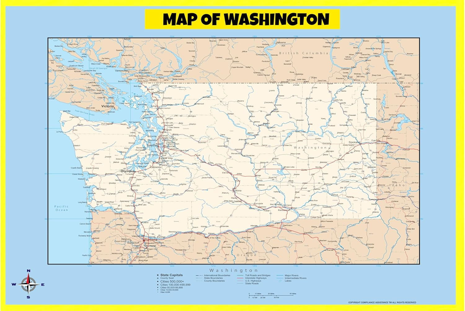 Washington Map Poster - Laminated Wall Map - Style C - 36x60 - Ideal ...