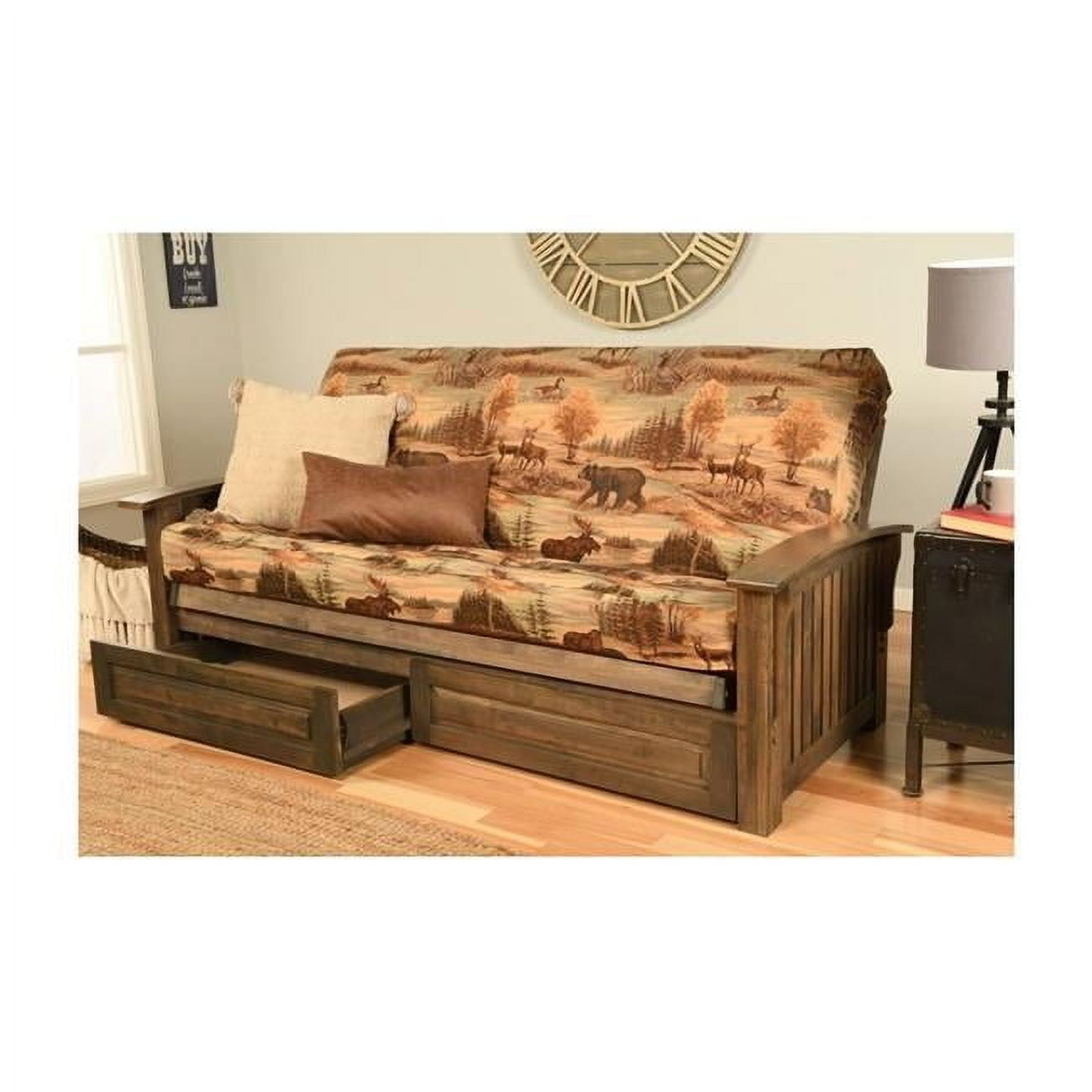 Washington Rustic Walnut Futon Frame with Canadian Mattress & Storage ...