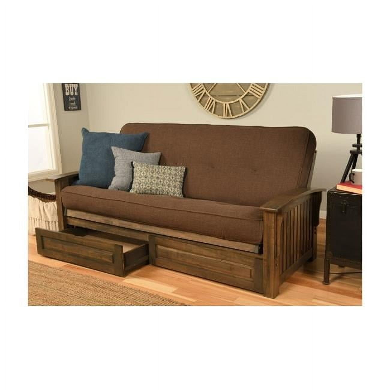 Washington Rustic Walnut Futon Frame with Linen Cocoa Mattress ...