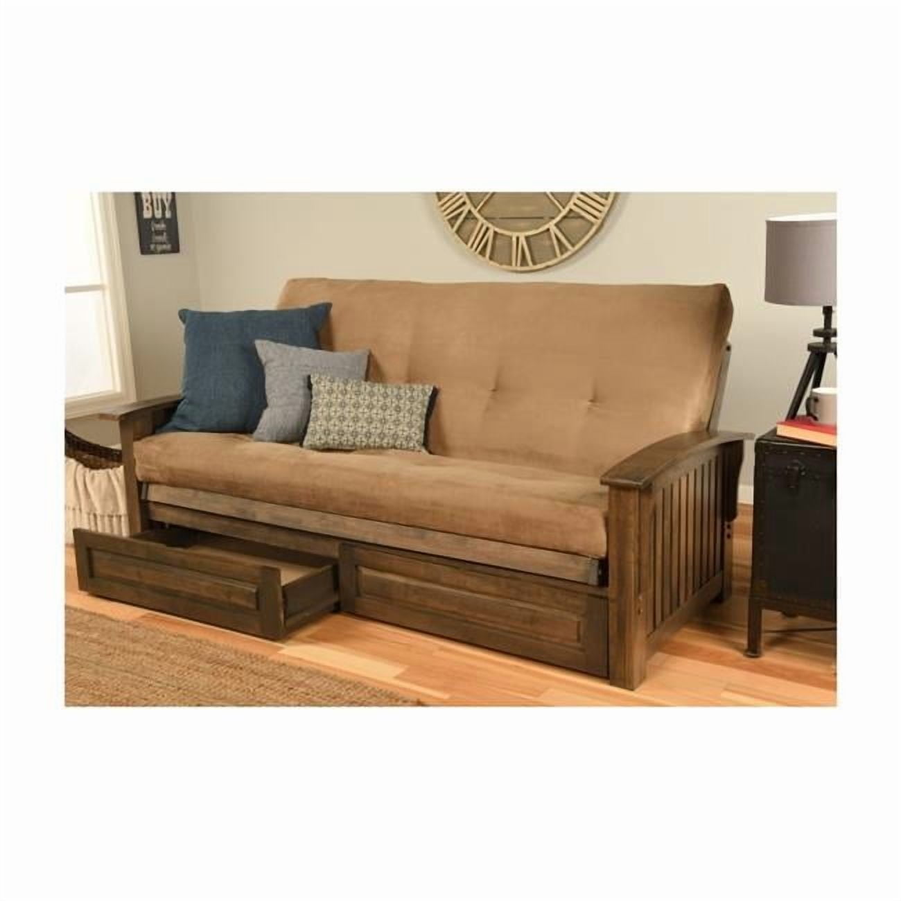 Washington Rustic Walnut Futon Frame with Suede Peat Mattress & Storage ...