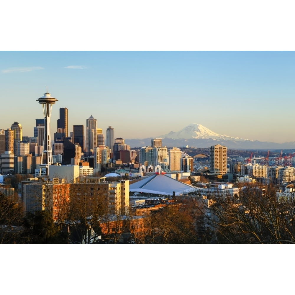 Washington Seattle Cityscape Of The Space Needle And Mount Rainier. by ...