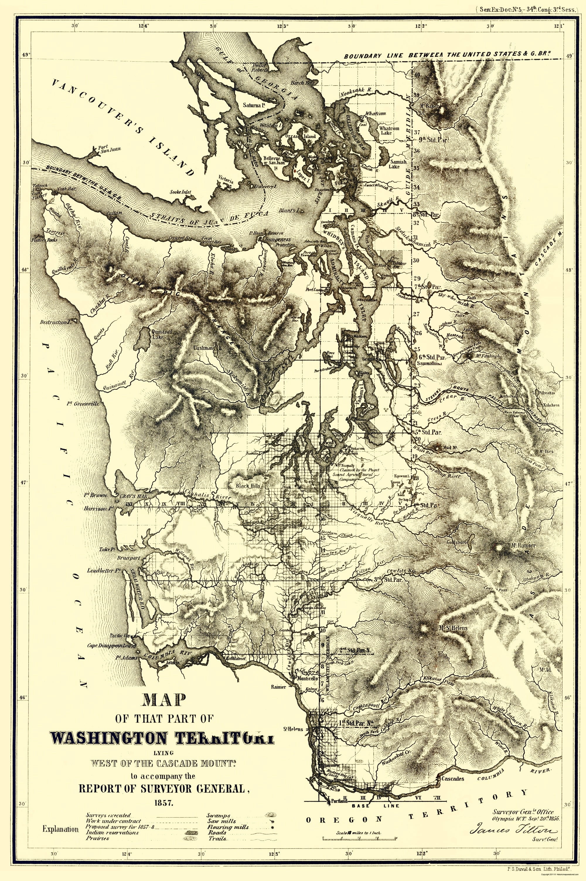 Historic State Map - Washington Territory West Cascades - Duval 1857 ...