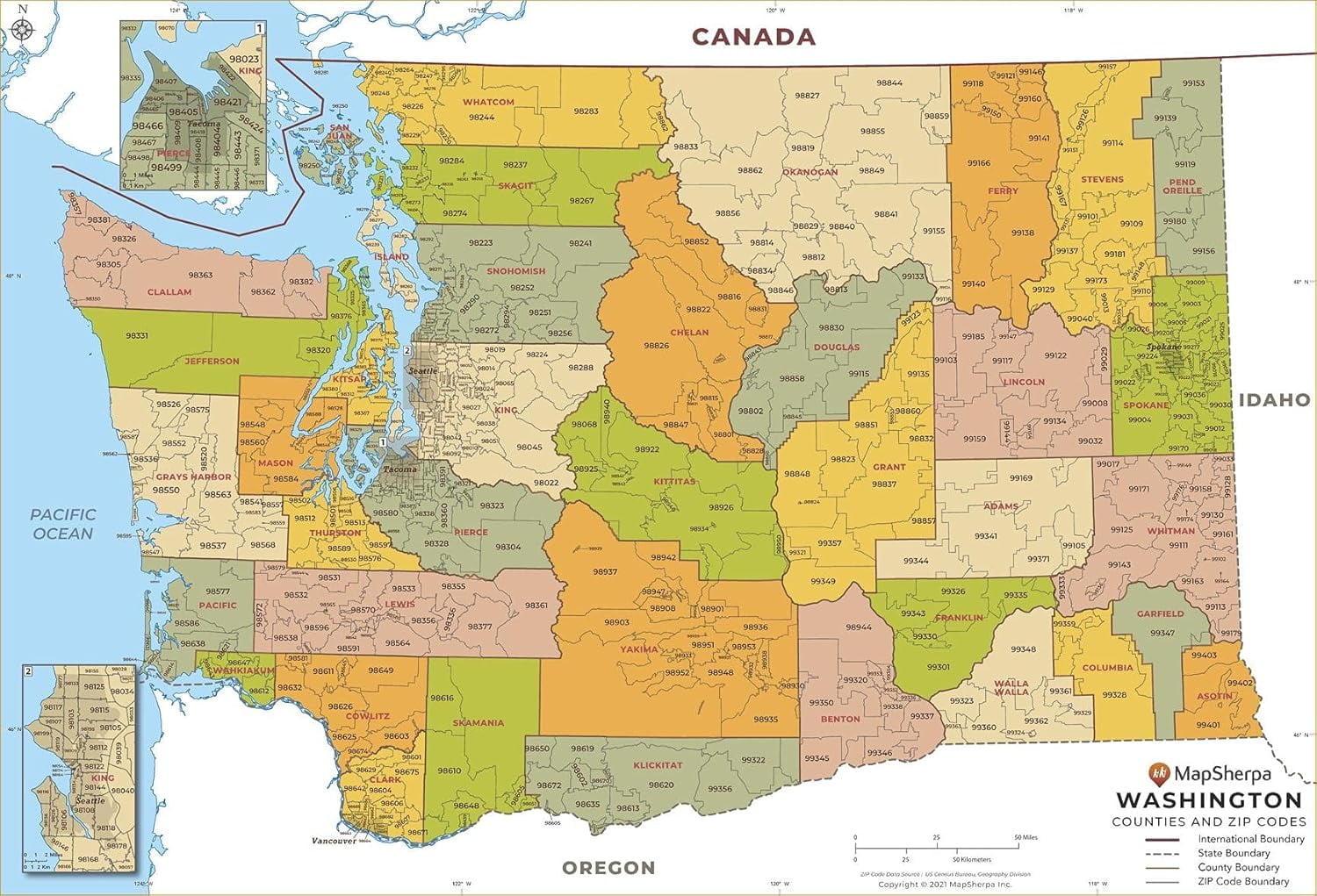 Washington ZIP Code Map with Counties - Standard - 36" x 24.5" Paper ...