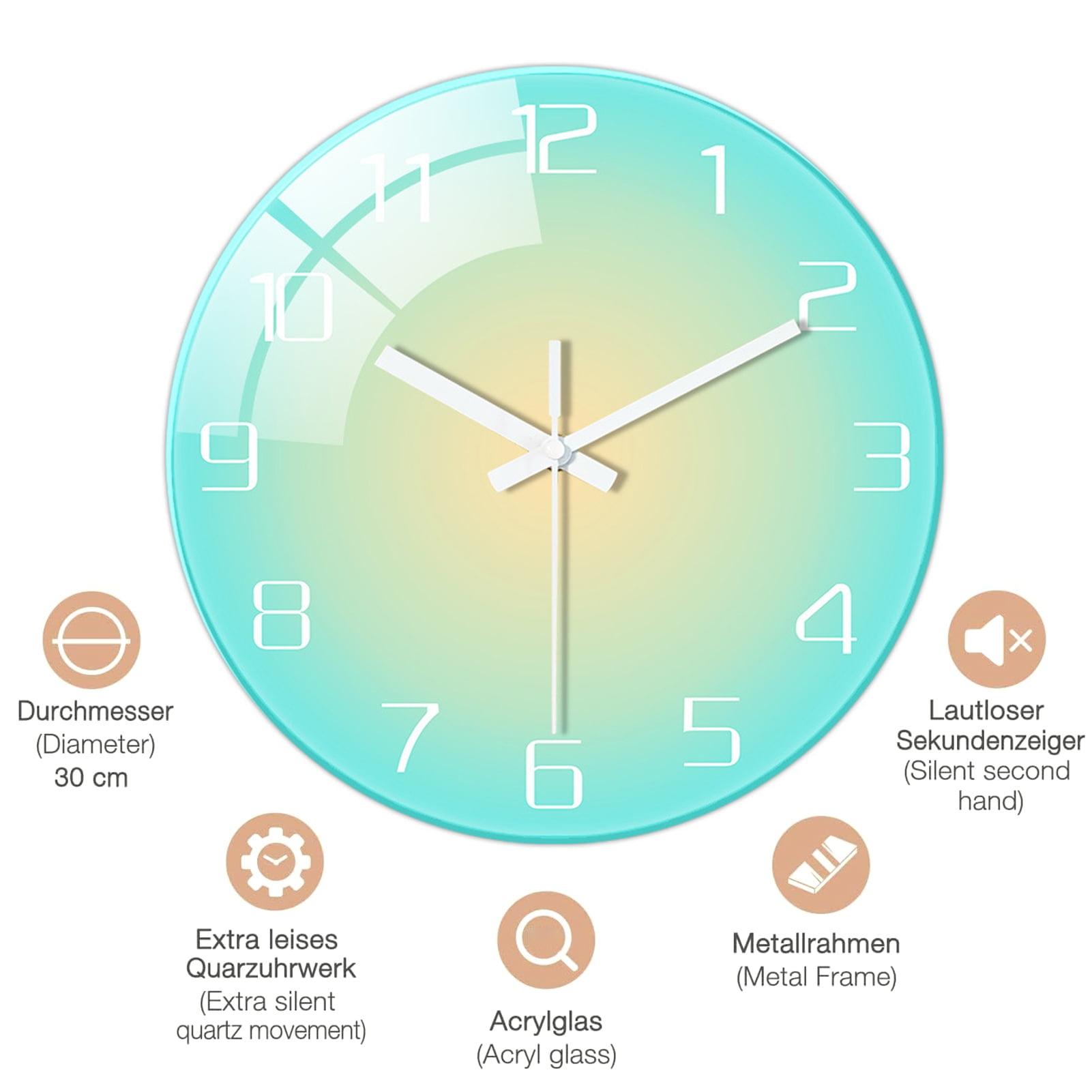 Washranp 12inch Wall Clock,Tempered Glass Precise Time Quartz Clock ...