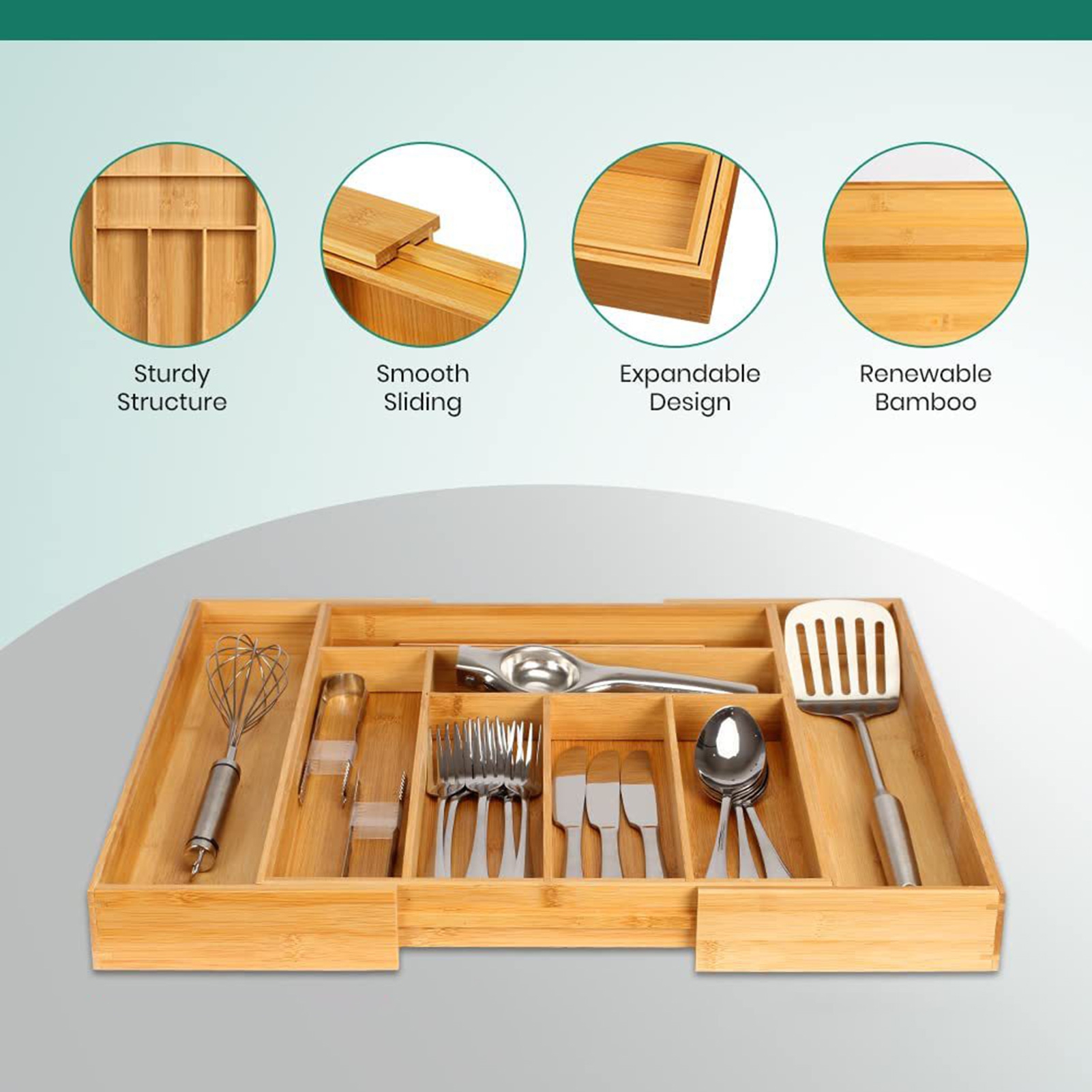 Washranp Bamboo Expandable Drawer Organizer Utensils Holder,Adjustable ...