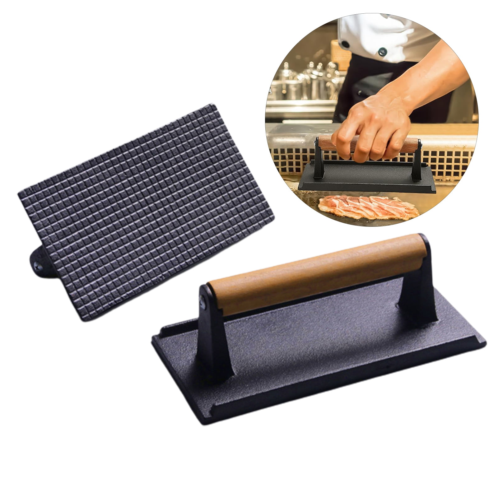 Washranp Cast Iron Grill Press Weight with Wooden Handle,Rectangle ...