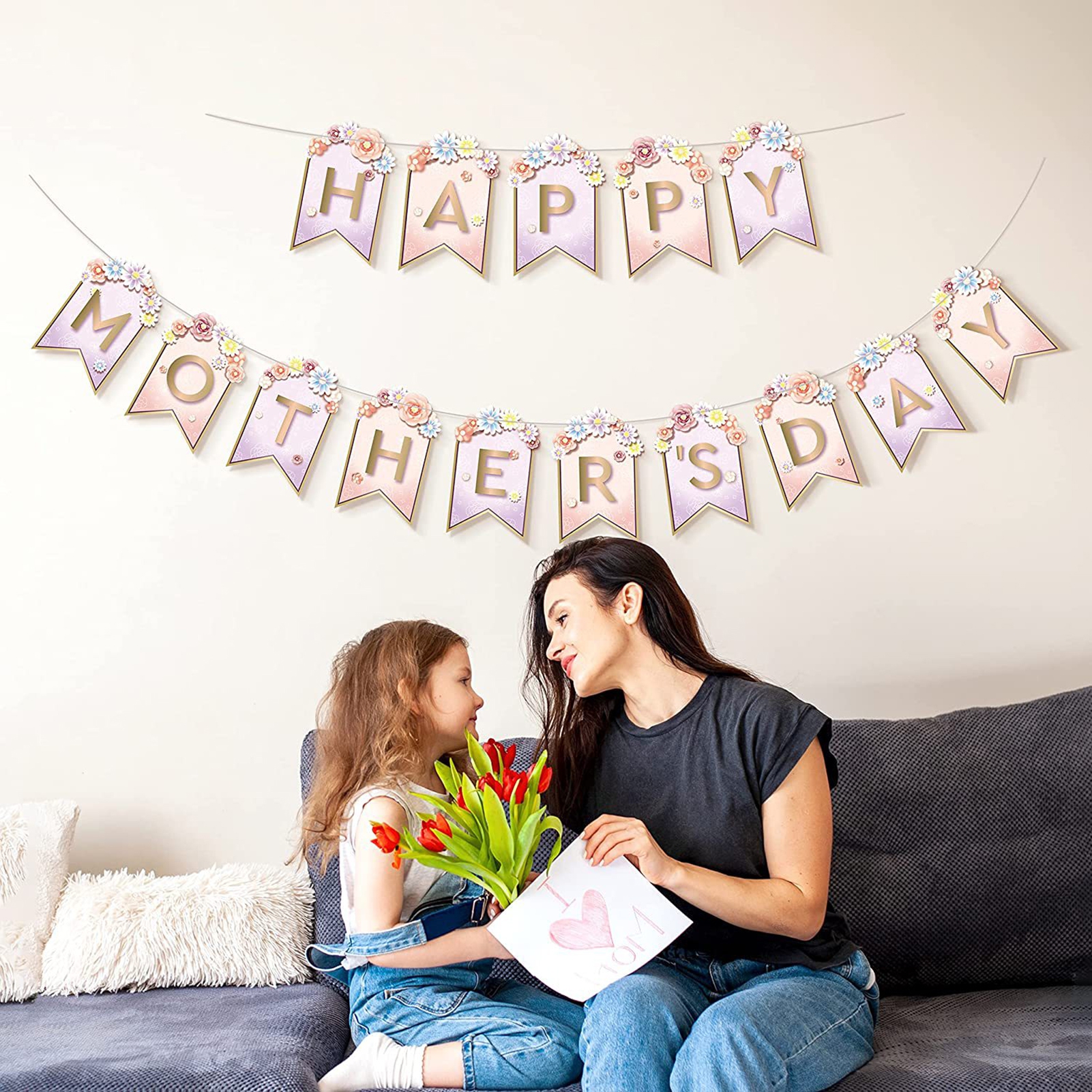 Washranp Hanging Pink Flower Happy Mothers Day Letter Decoration ...