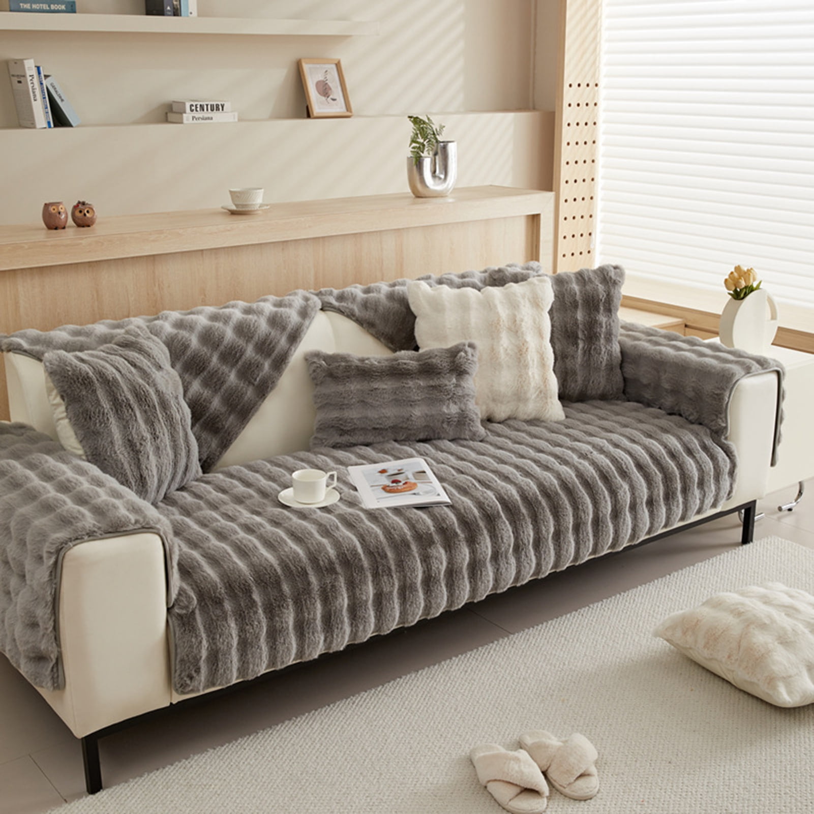 Washranp Sofa Couch Covers,Solid Color Soft Fuzzy Couch Cover Full ...