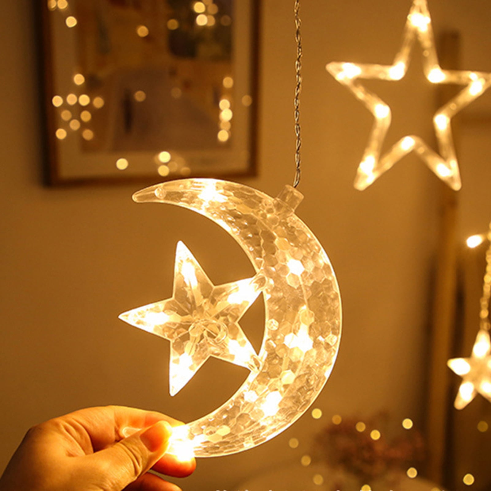 Washranp Star Moon String Lamp,Plastic LED Moon Star Curtain Lights ...