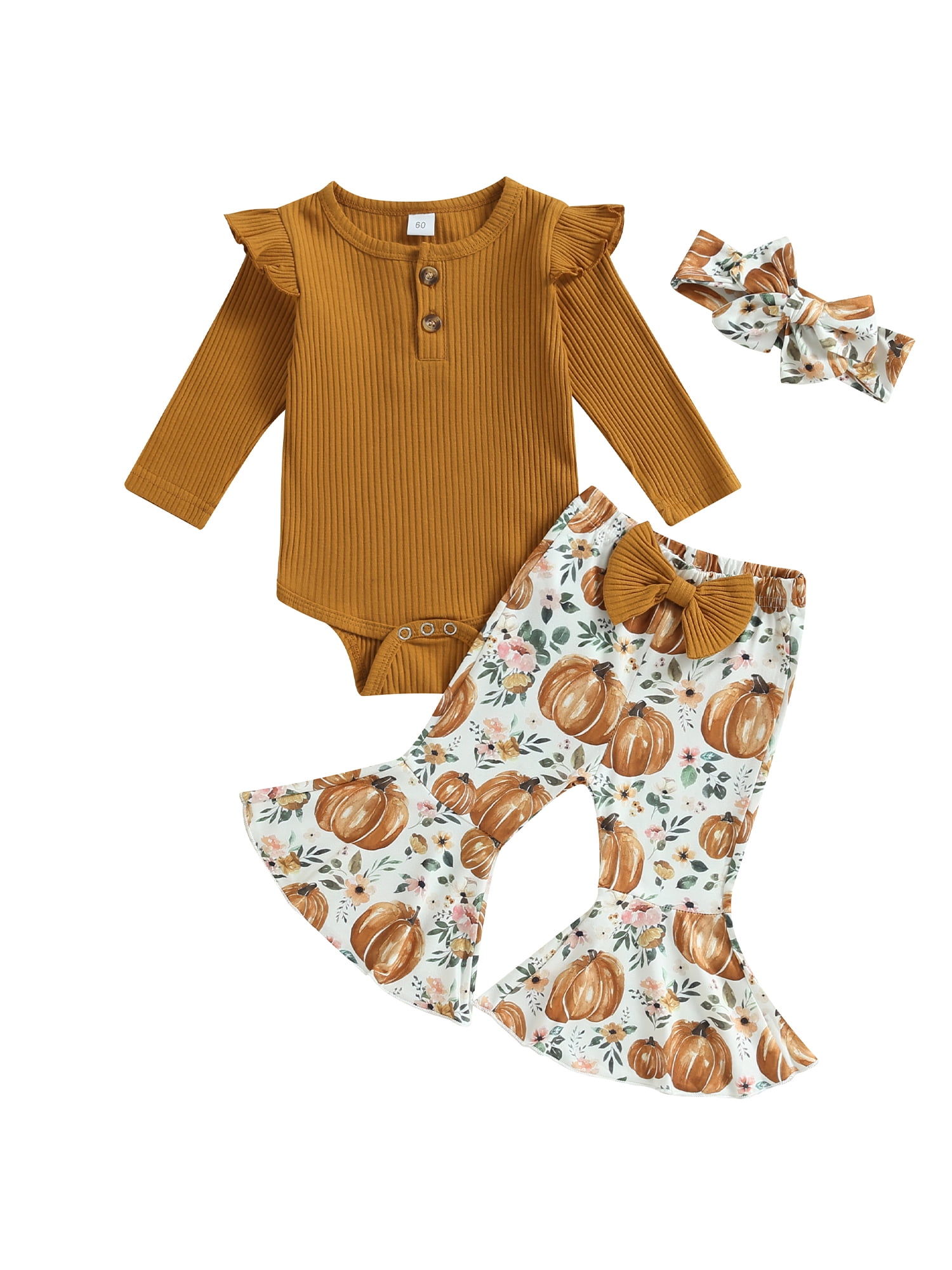 Wassery 2PCS Baby Girl Fall Winter Outfits Set Long Sleeve Ribbed Romper Tops+ Pumpkin Bell ...
