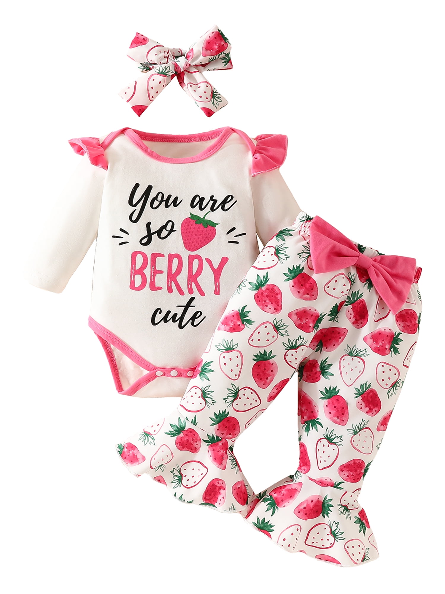 Wassery 3Pcs Baby Girl Fall Outfits Long Sleeve Romper + Strawberry Pants + Headband Set 3 6 9 ...