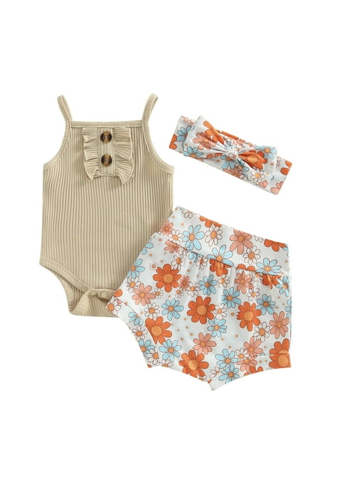 Western Newborn Baby Girl Clothes Infant Sleeveless Knit Solid Romper Cow Print Shorts Headband ...