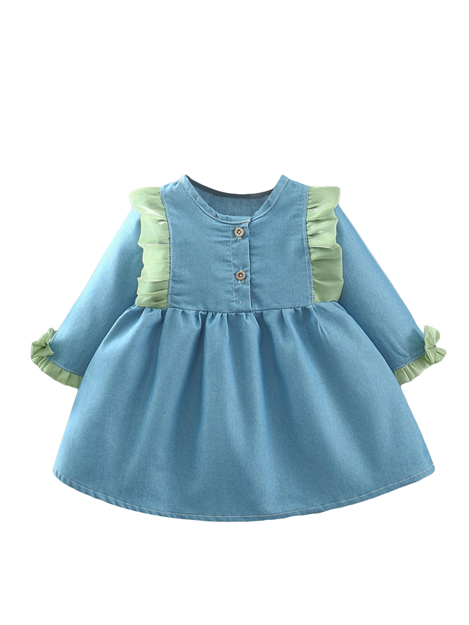 Wassery Baby Girls Denim Dress Crew Neck Long Sleeve Frills Patchwork ...