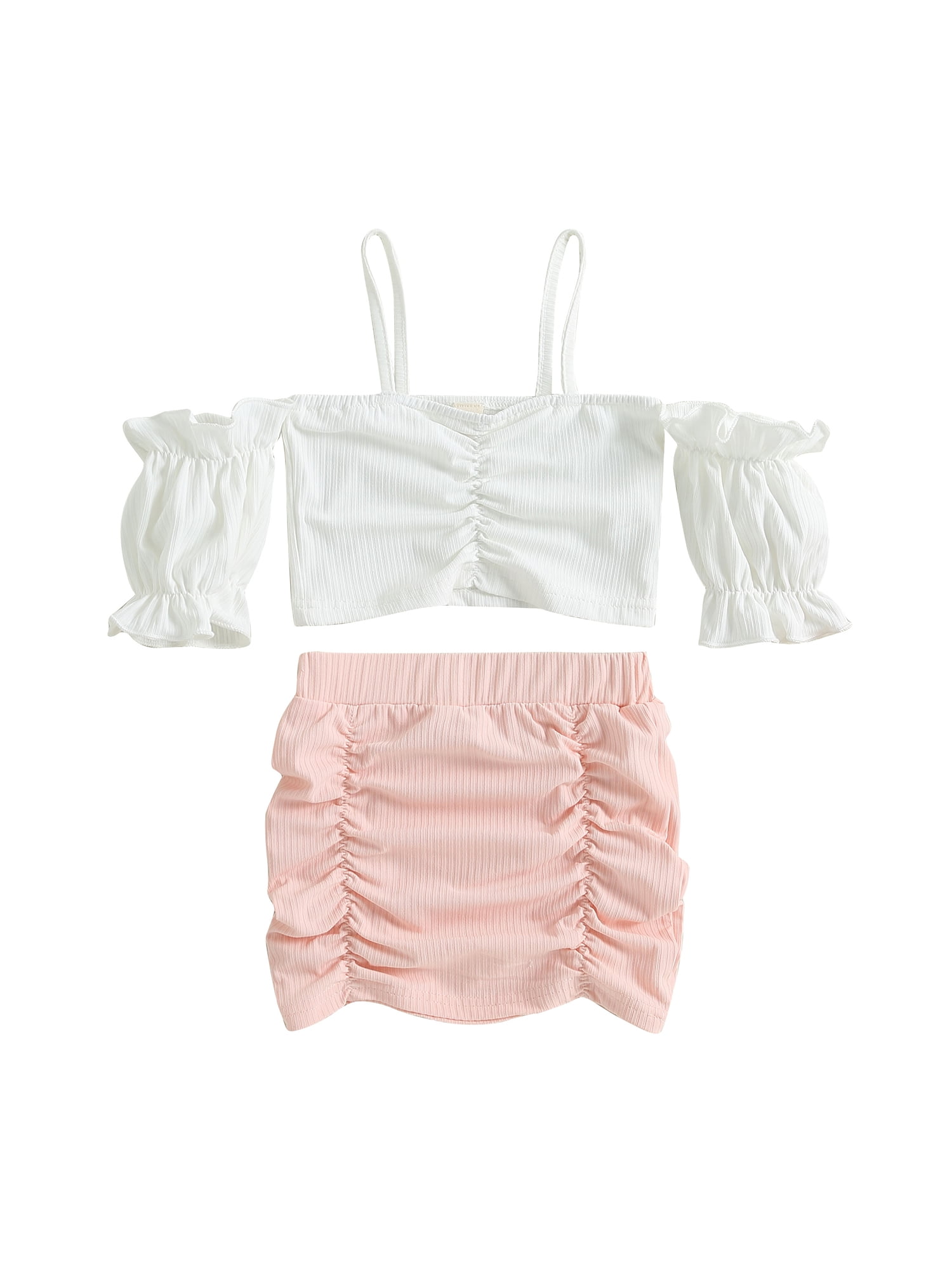 Wassery Kids Girls 2 Piece Outfits Solid Color Off-Shoulder Sleeveless ...