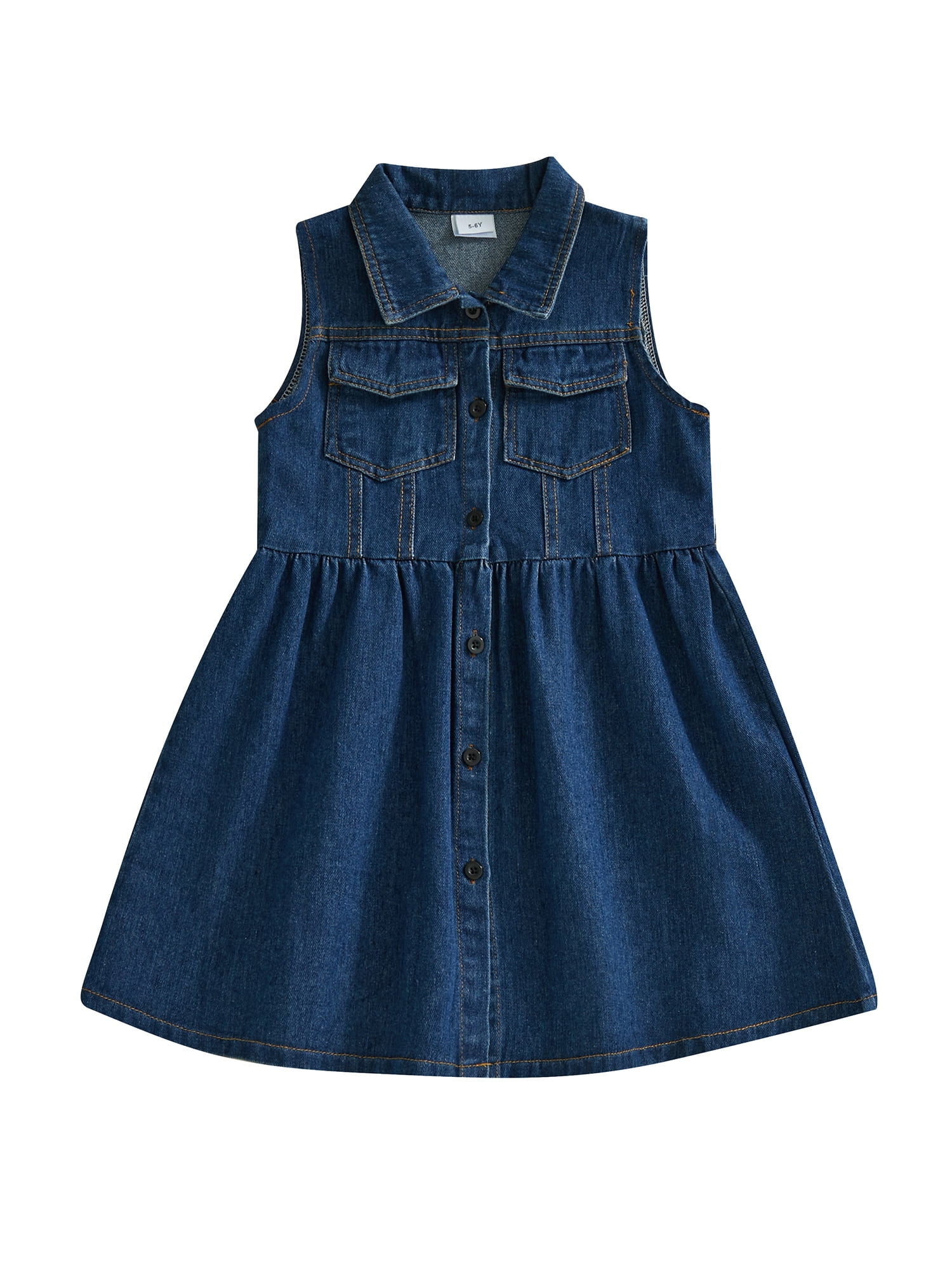 Wassery Kids Girls Denim Dress Blue Sleeveless Lapel Button Dress with ...