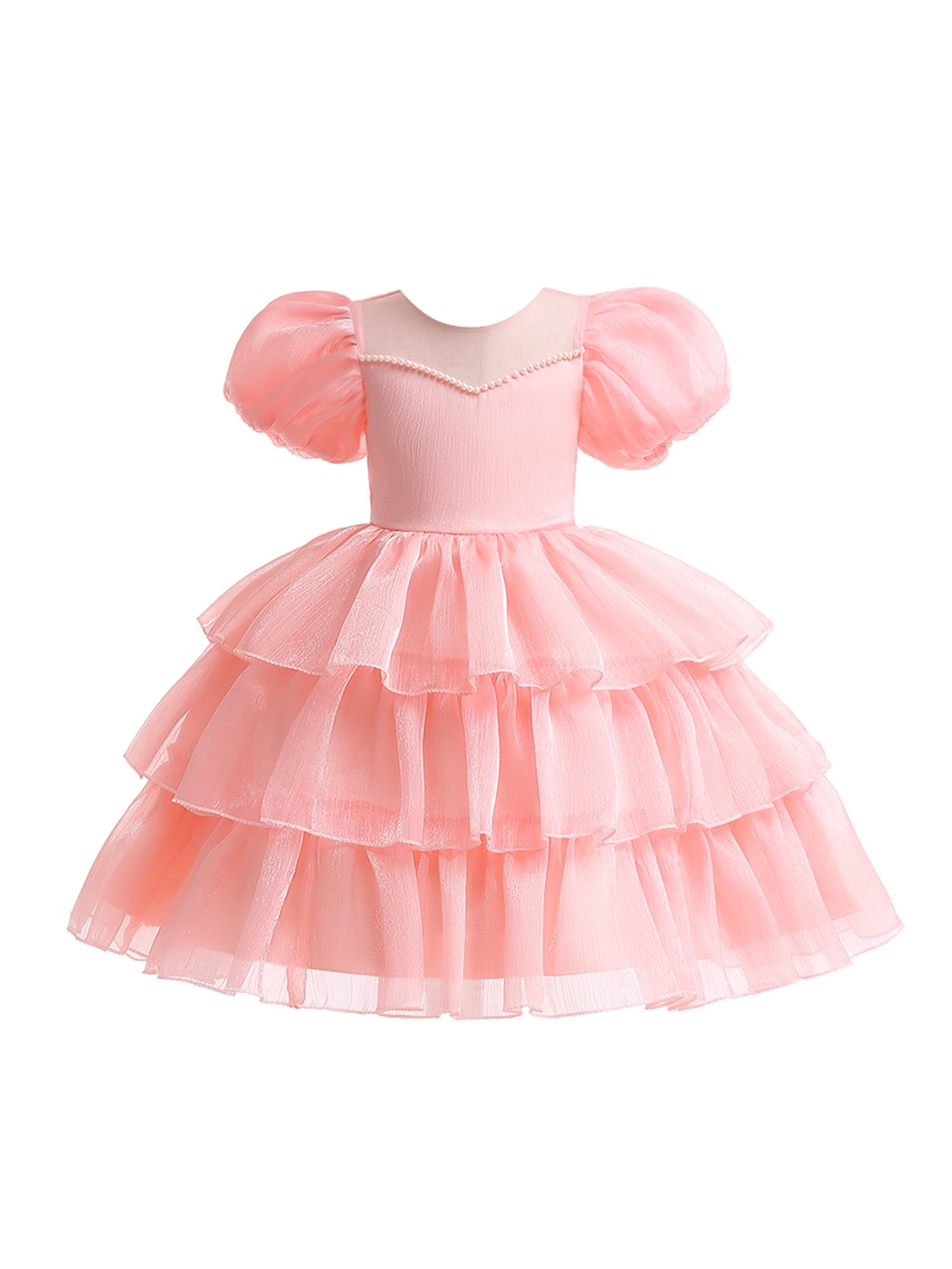 Wassery Kids Girls Princess Dress Solid Color Pearl Decor Puff Sleeve ...