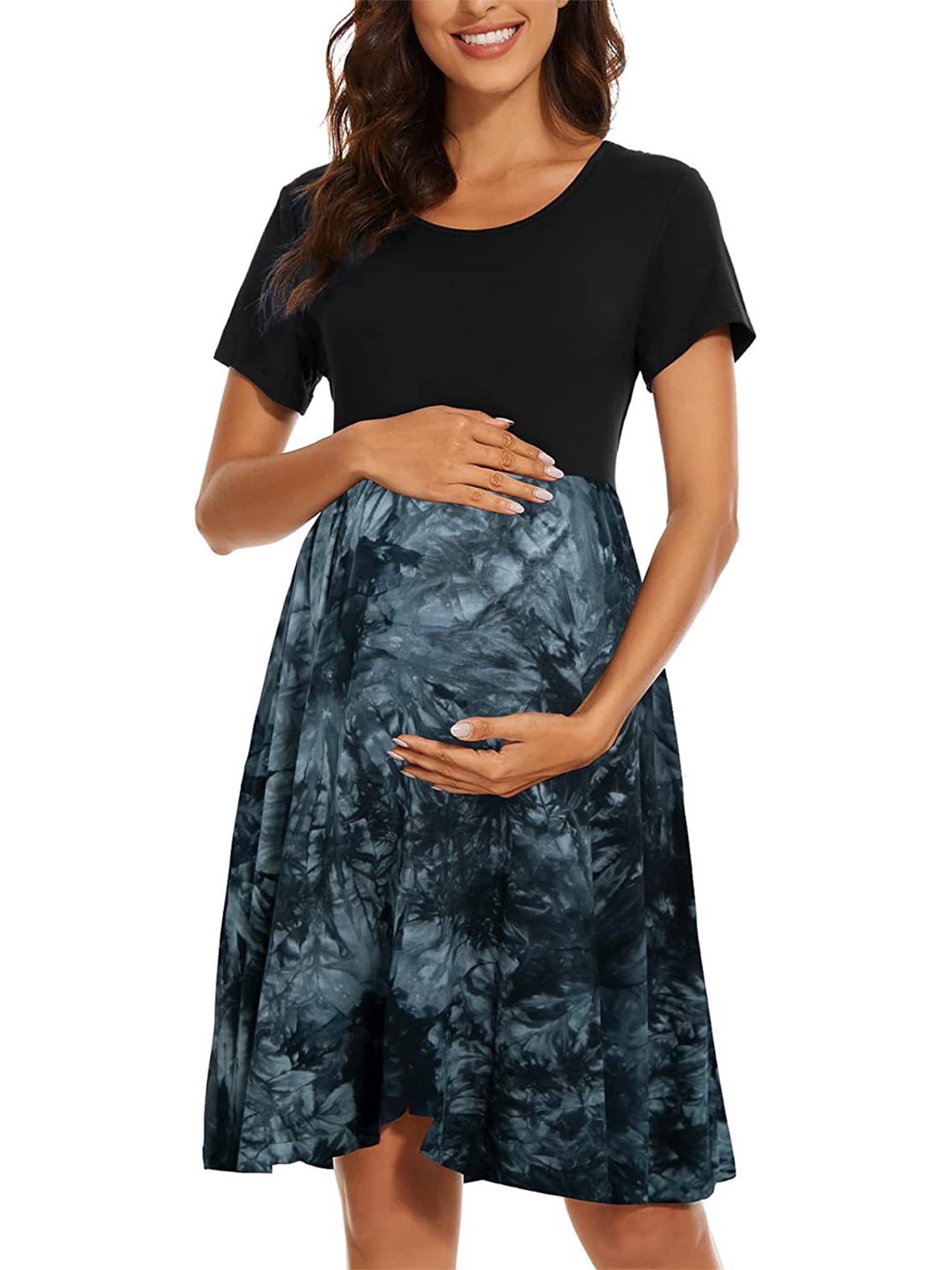 Wassery Maternity Dress Short Sleeve Tie Dye/Stripe/Floral Print Loose ...