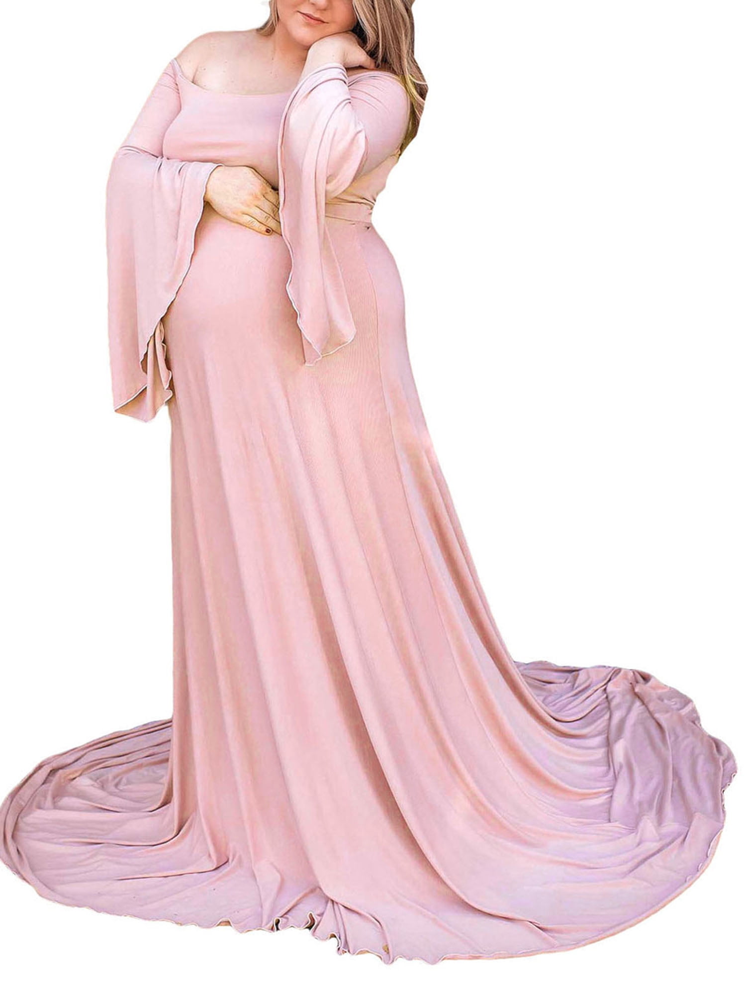Wassery Maternity Off-Shoulder Long Dress Solid Color Low Neck Long ...