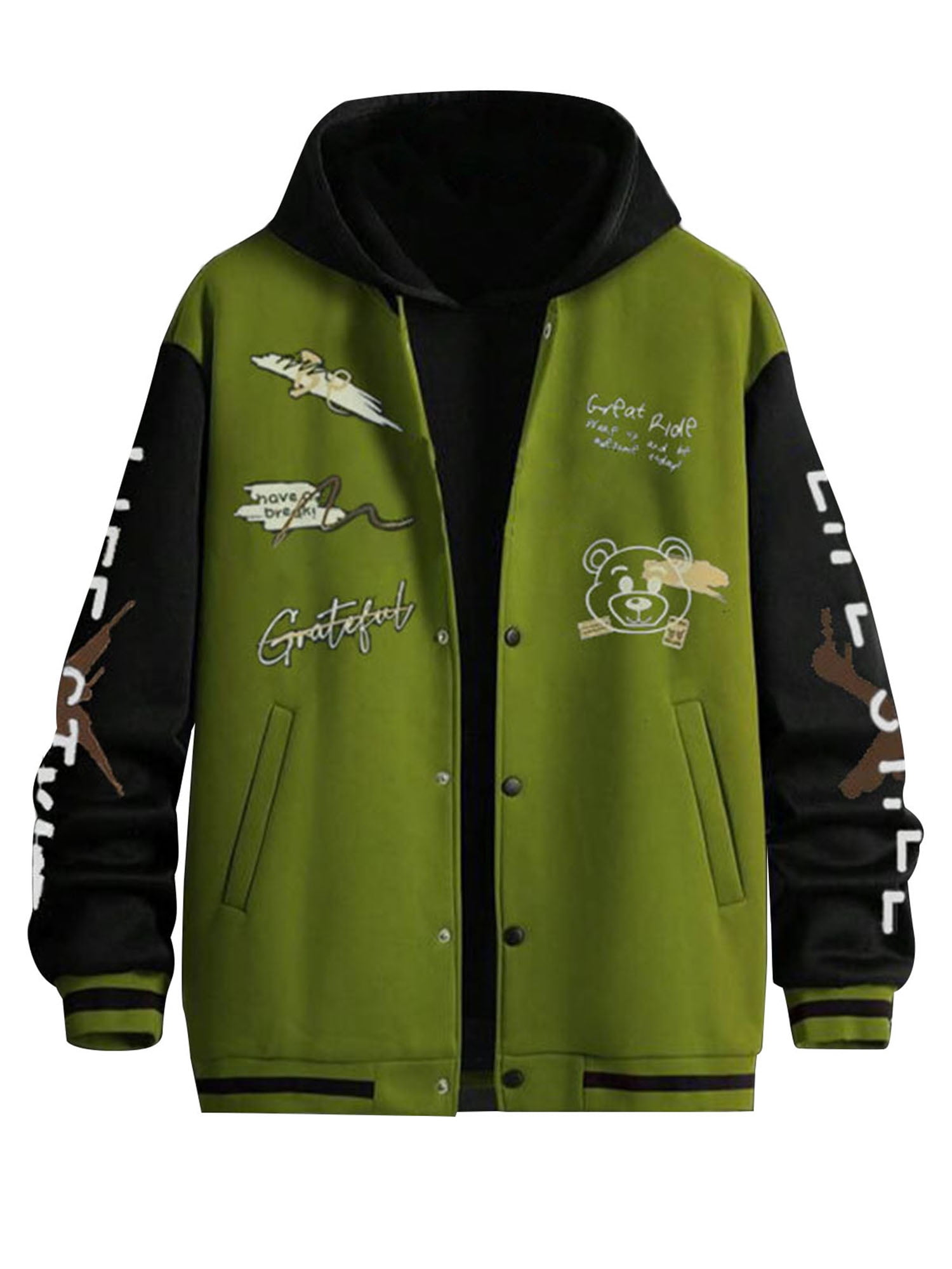 Wassery Men Baseball Jacket Long Sleeve Button Closure Letters Bear ...