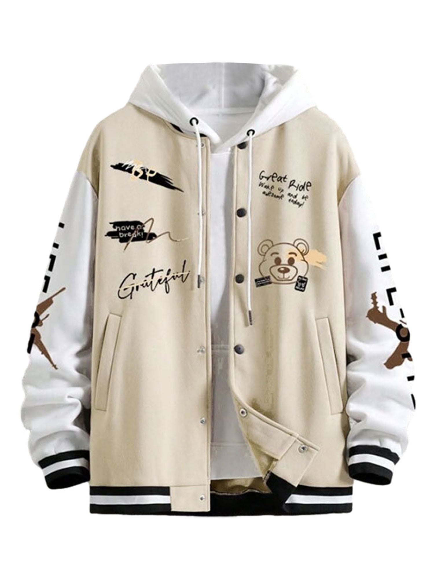 Wassery Men Baseball Jacket Long Sleeve Button Closure Letters Bear ...