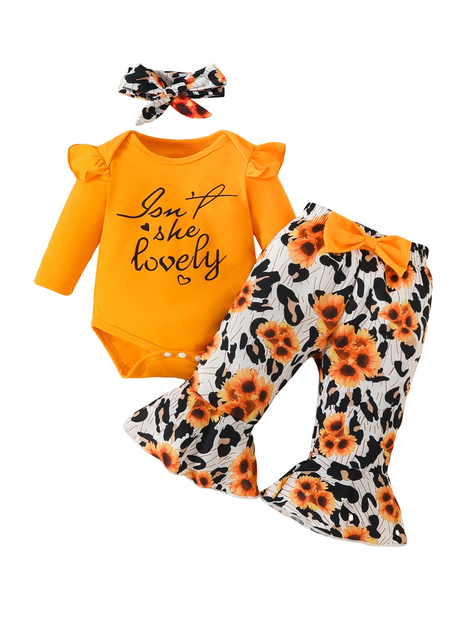 Wassery Newborn Baby Coming Home Outfit Baby Girls Leopard Ruffle Romper Top Bell-Bottom Denim ...