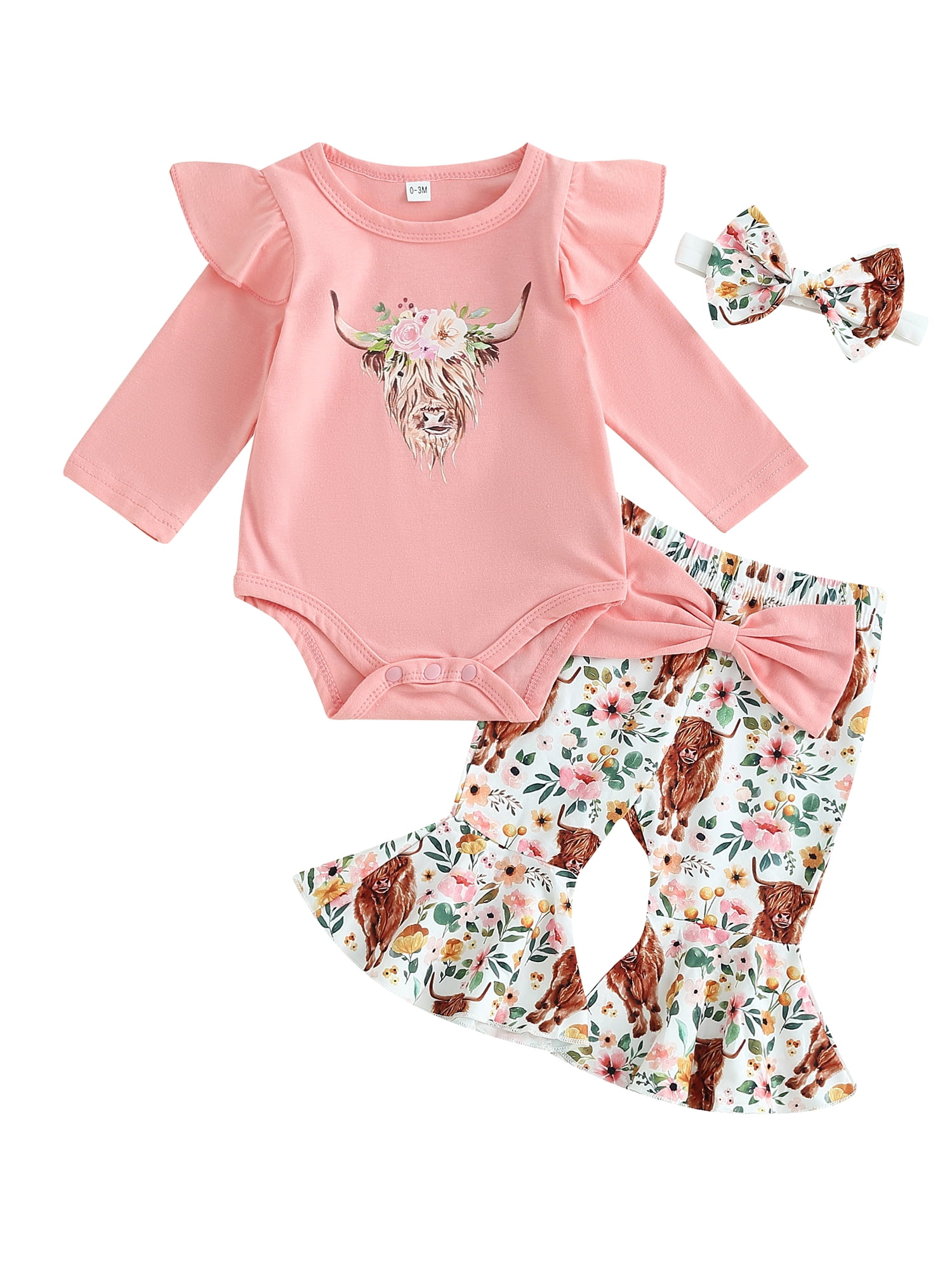 Wassery Newborn Toddler Girls 3PCS Cow Print Outfits, Pink Ruffle Romper, Flared Pants ...