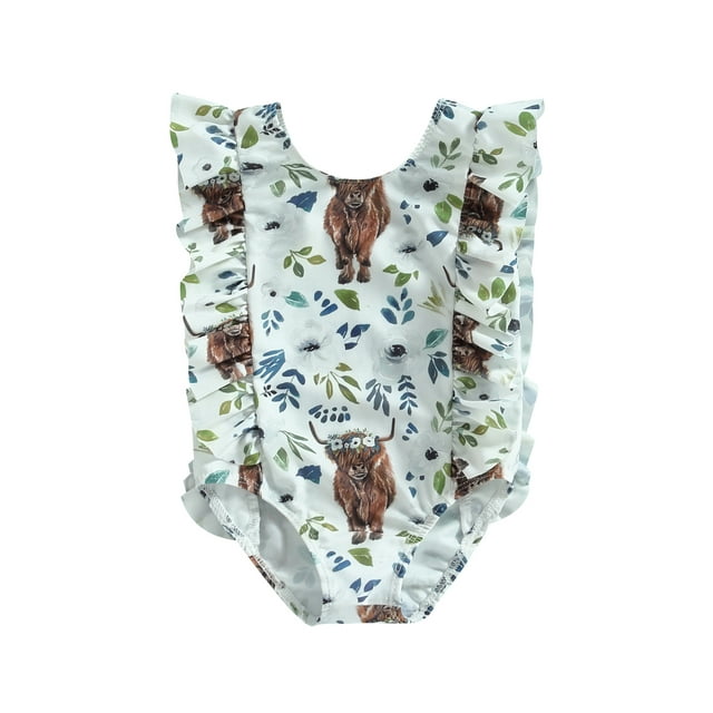 Wassery Western Toddler Girls Swimsuit Sleeveless Cow Print Ruffle ...
