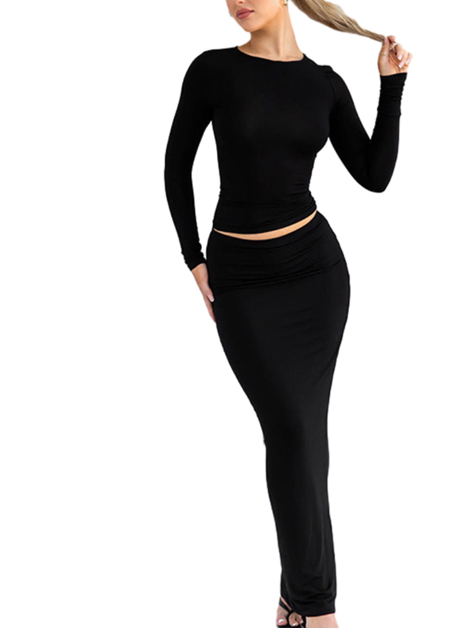 Wassery Women 2 Pieces Skirts Outfits Crew Neck Long Sleeve Bodycon ...