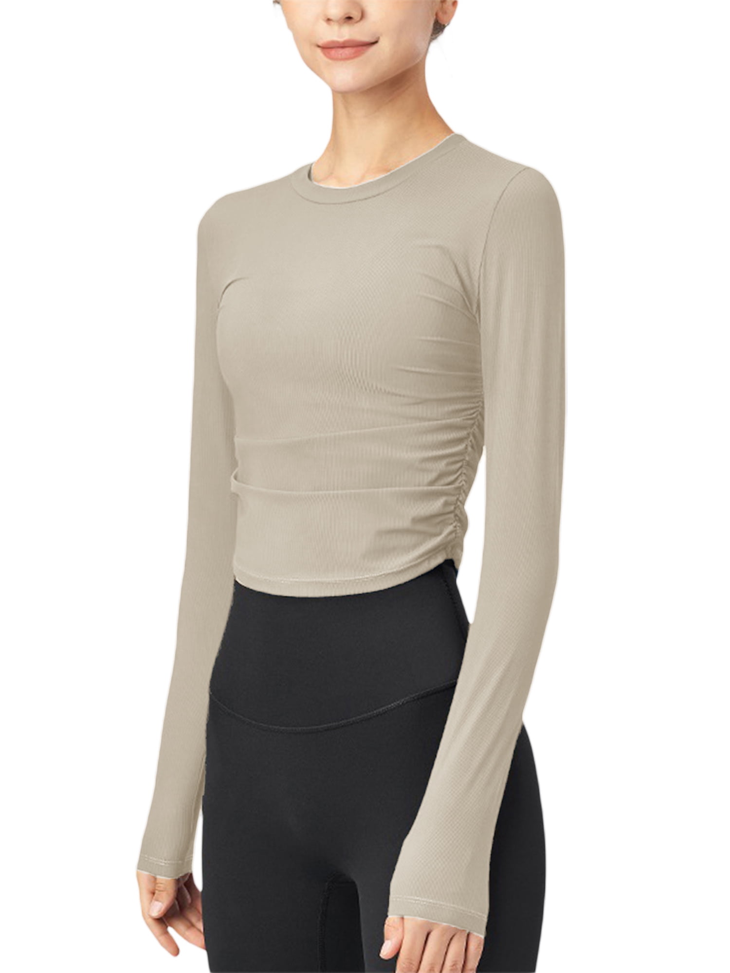 Wassery Women Cropped Workout Tops Solid Color Ruched Long Sleeve ...