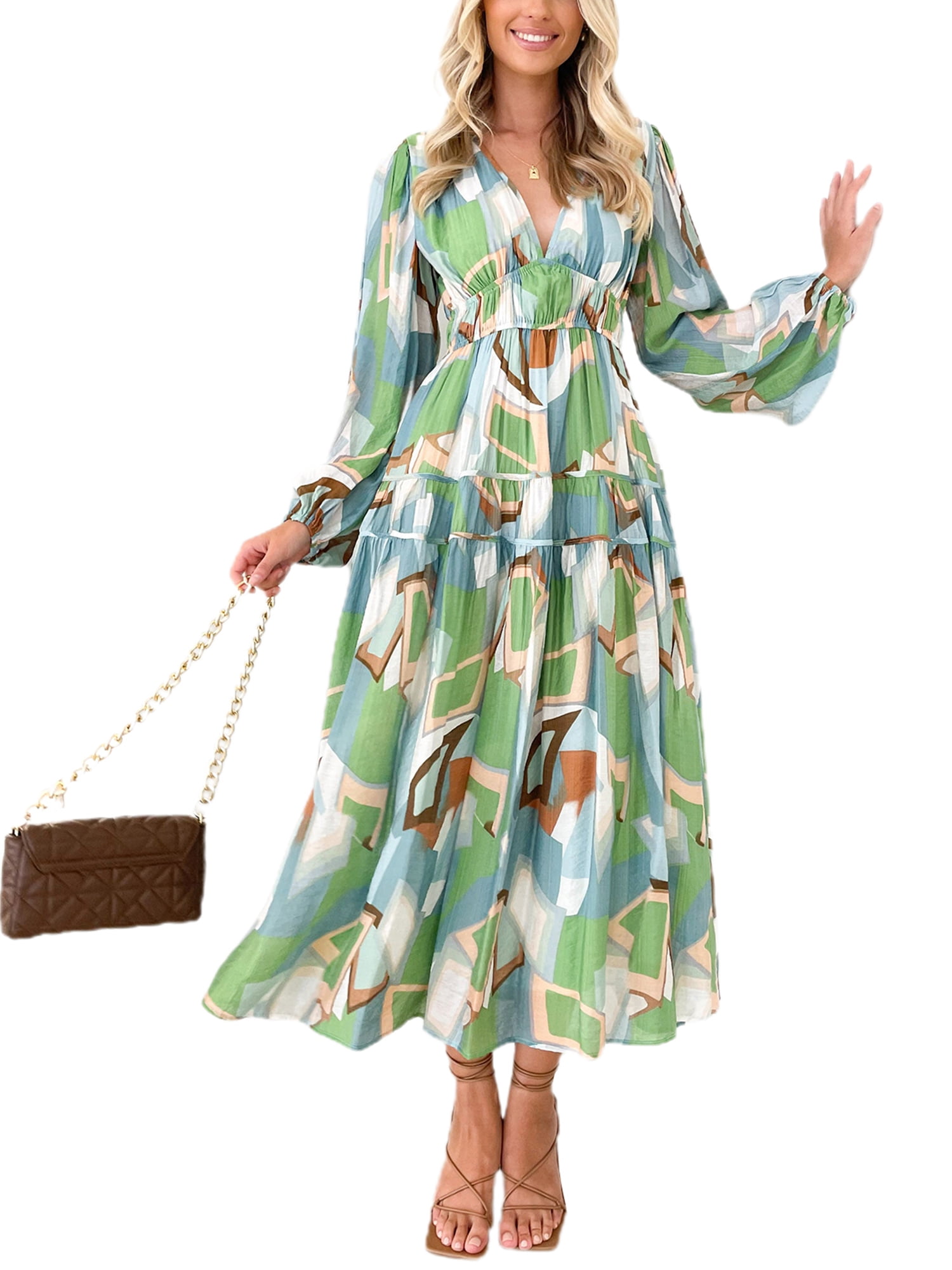 Wassery Women Floral Puff Sleeve Maxi Dress Bohemian V Neck Tiered Long ...