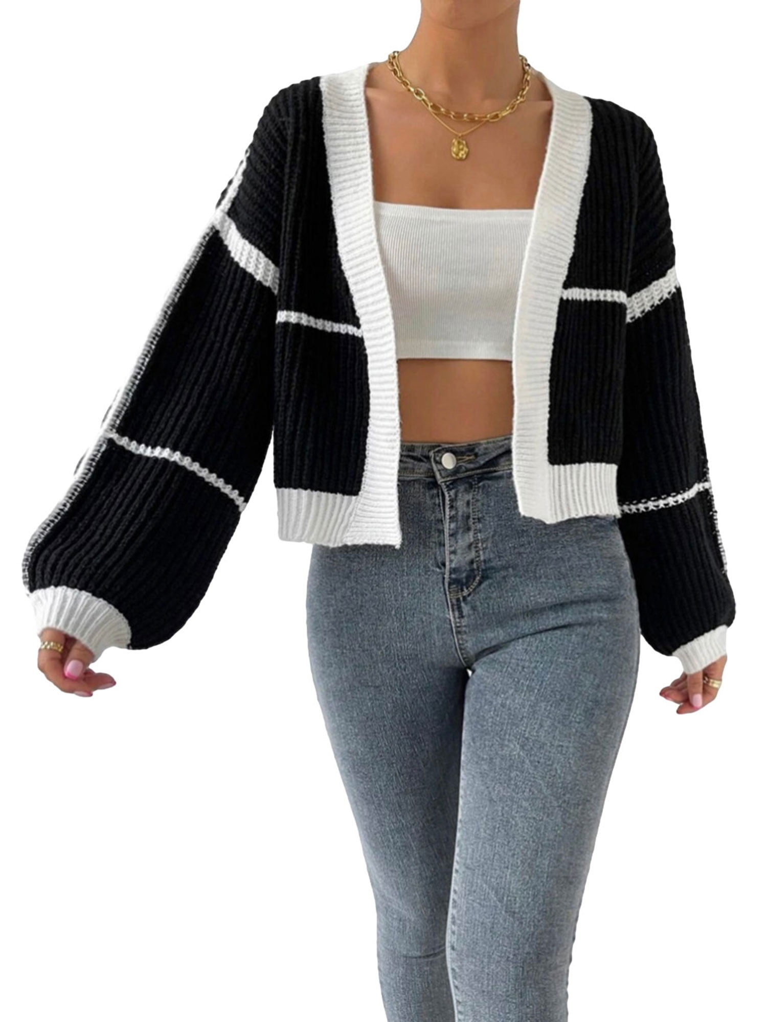 Wassery Women Knitted Cardigan Long Sleeve V-Neck Contrast Color Open ...