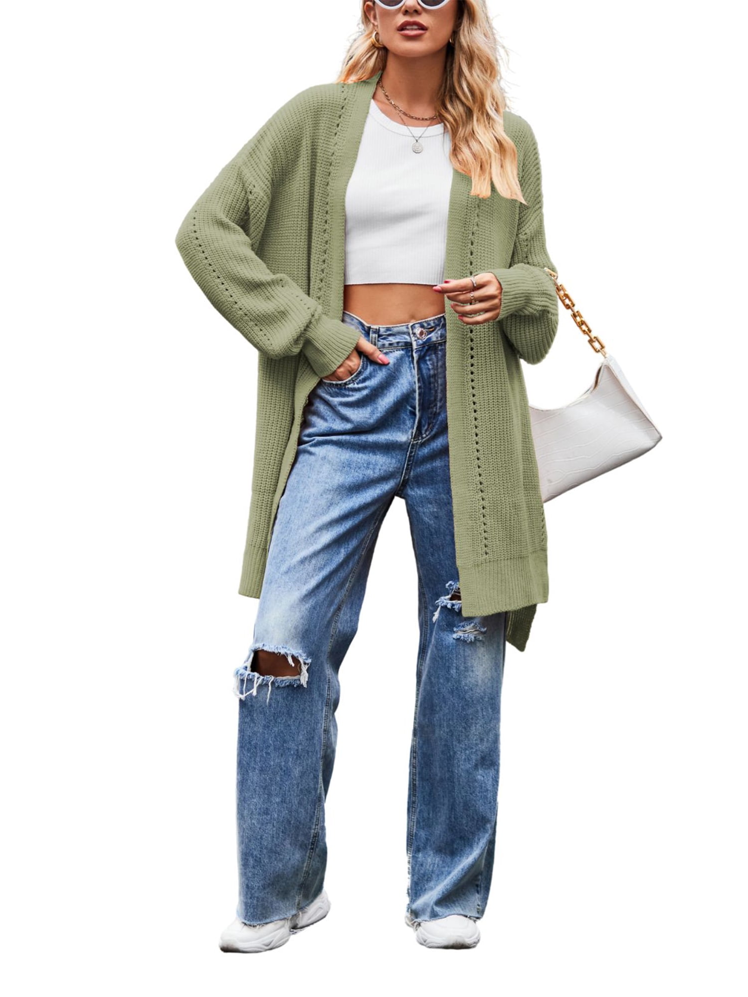 Wassery Women Knitted Cardigan Solid Color Long Sleeve Open Front ...