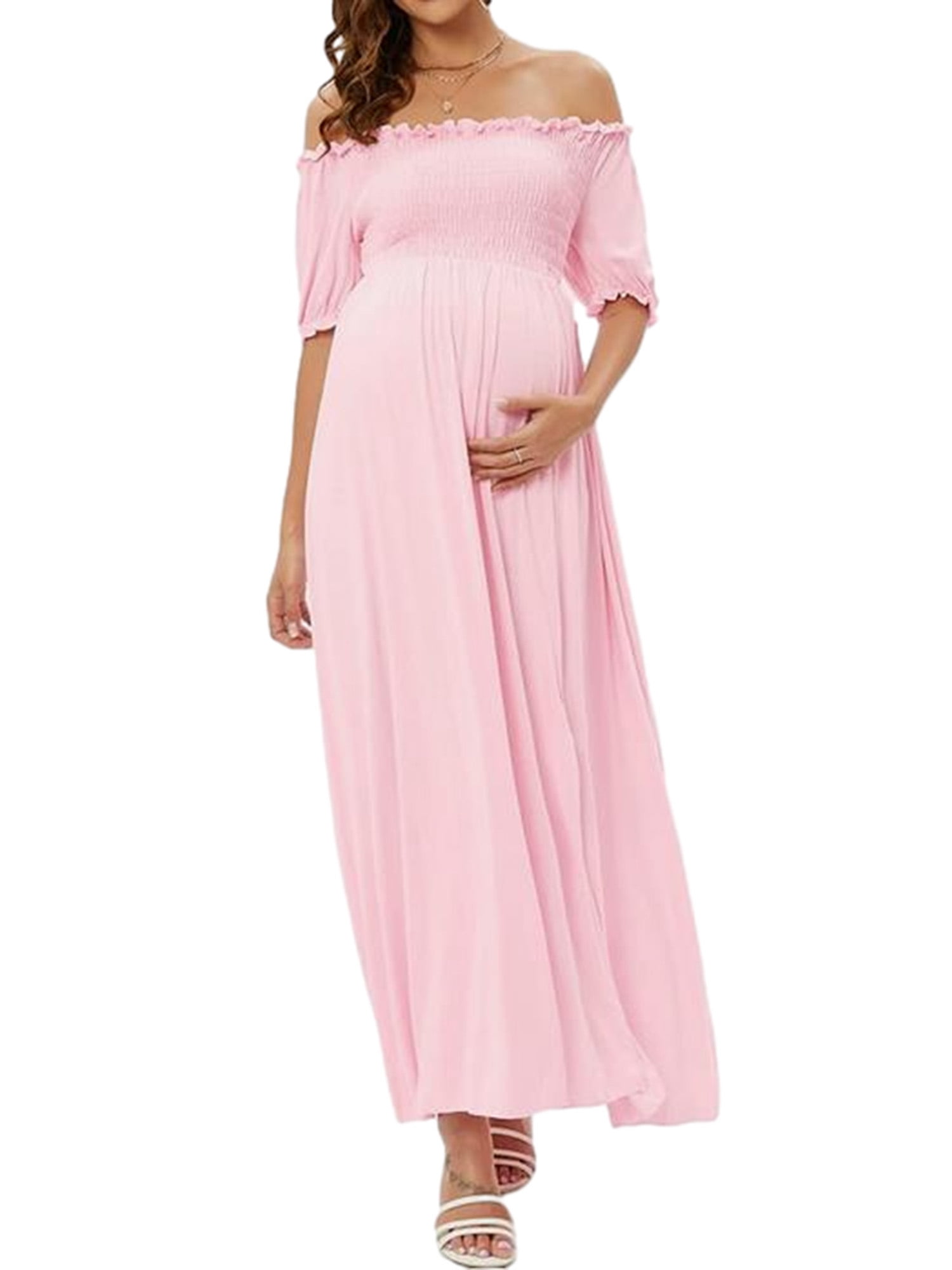Wassery Women Maternity Off-Shoulder Long Dress Solid Color/Flora Long ...