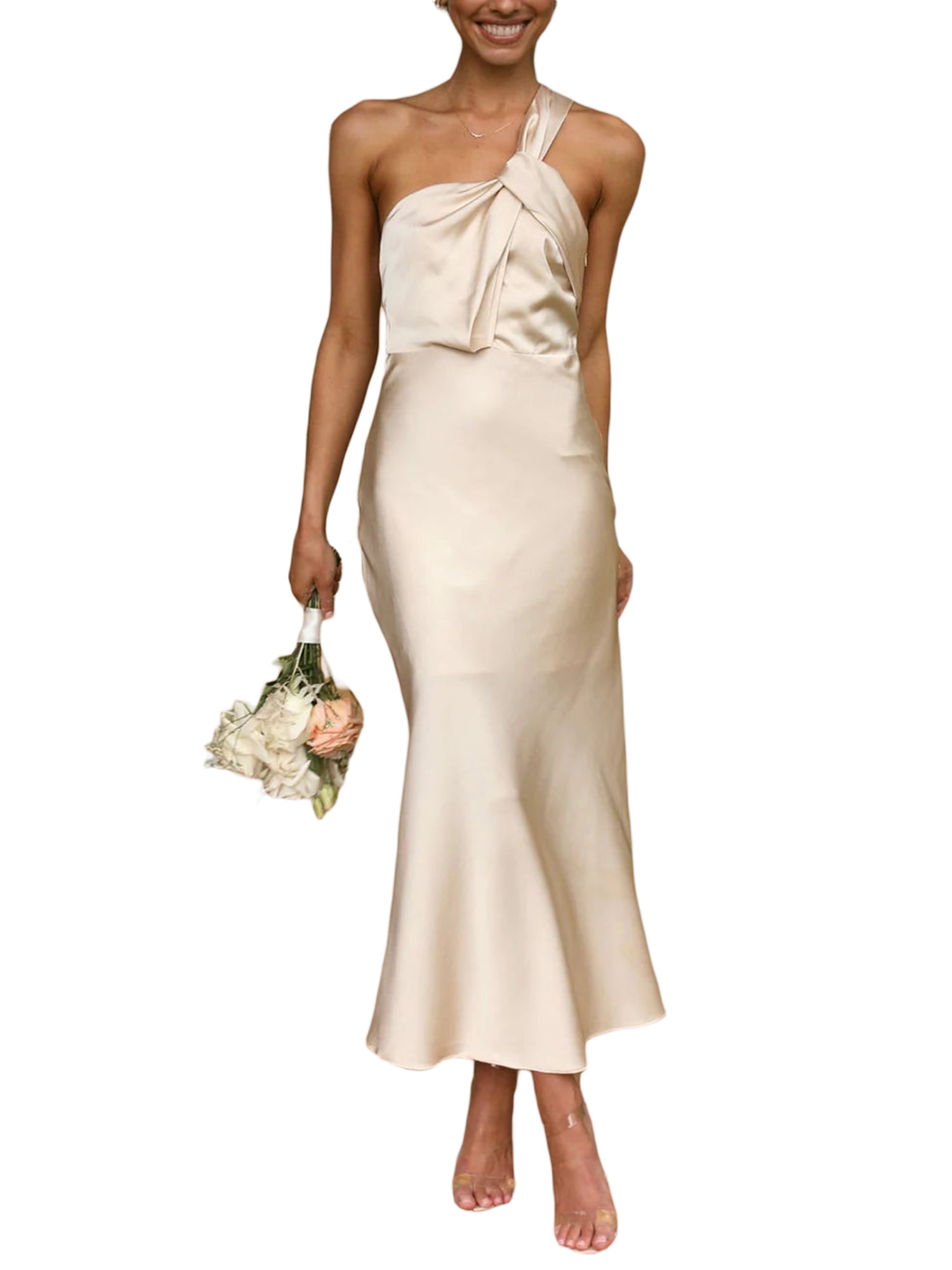 Wassery Women Satin Long Dress Sleeveless Tie Shoulder Backless Dress ...