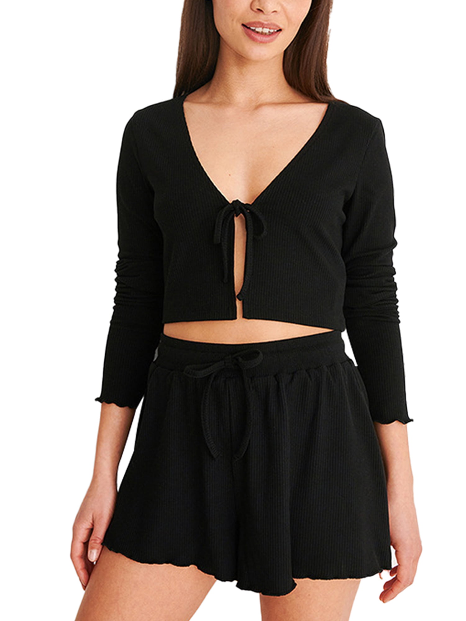 Wassery Womens 2 Piece Lounge Set Pajama Set Long Sleeve V Neck Crop