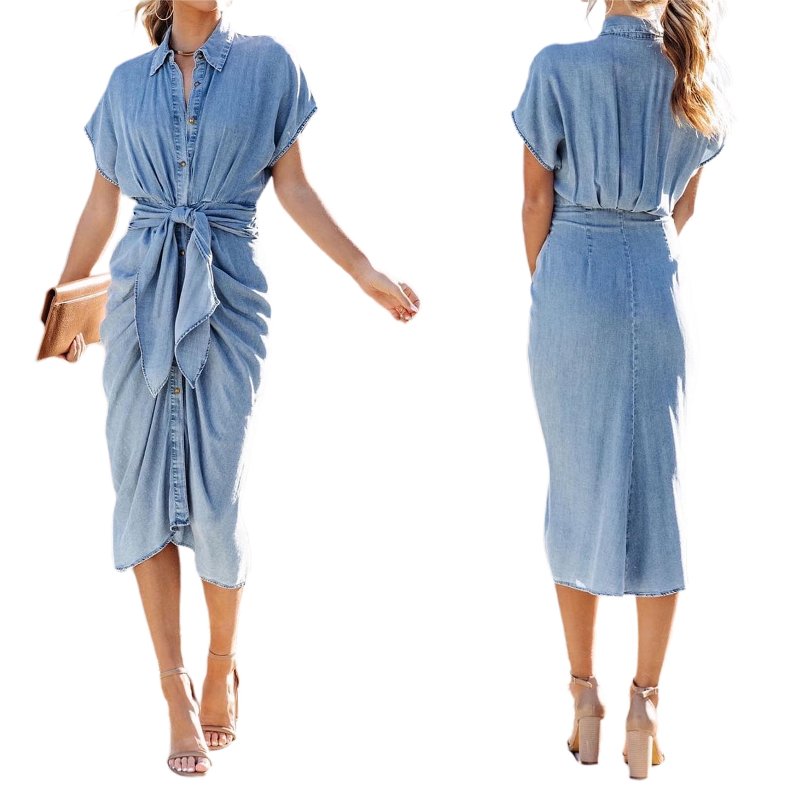 Wassery Women's Denim Dress Short Sleeve V Neck Tie Front Ruched Dress ...