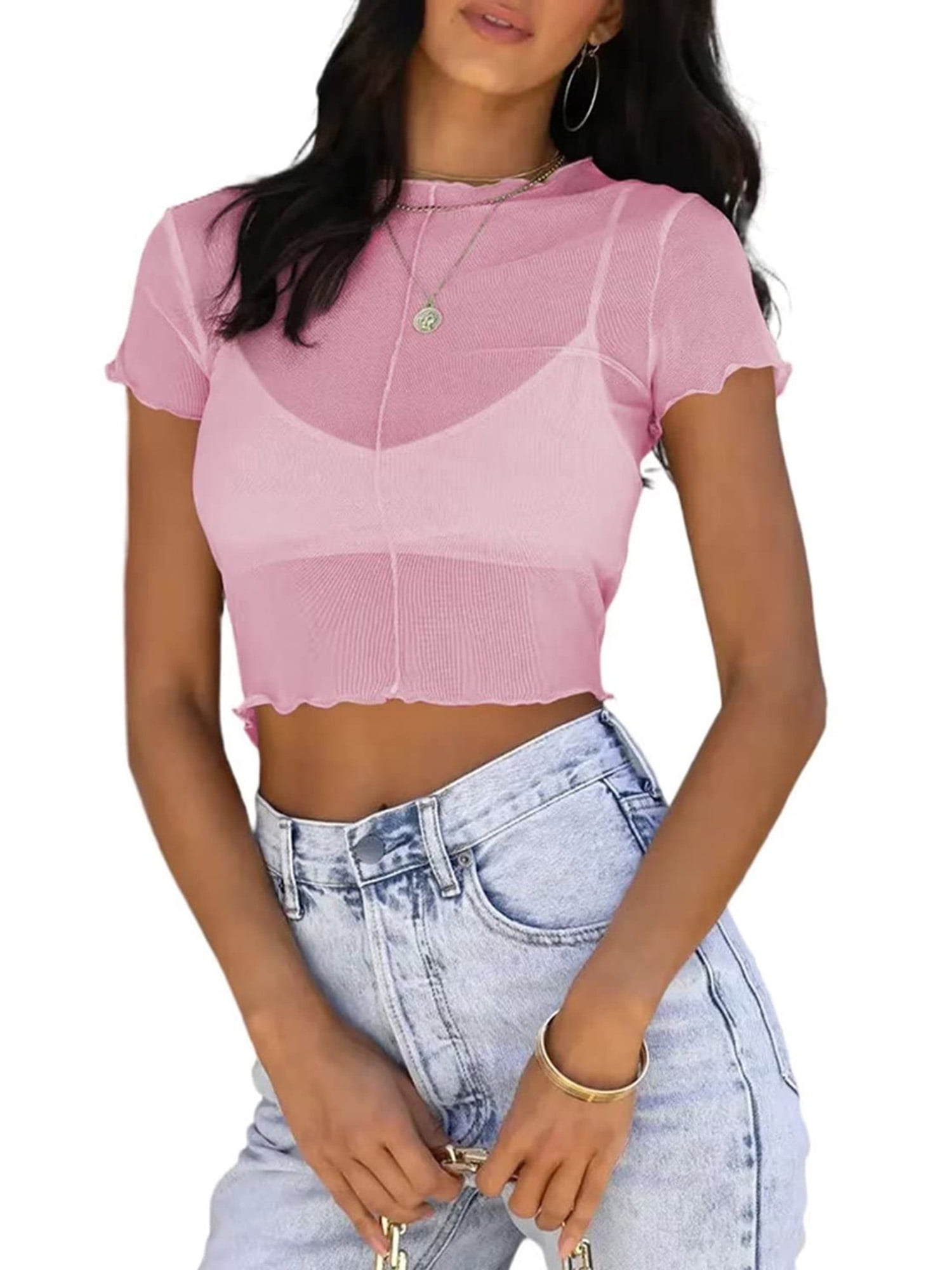 Wassery Women's Sheer Mesh Top Short Sleeve See Through Crop Top Sexy ...