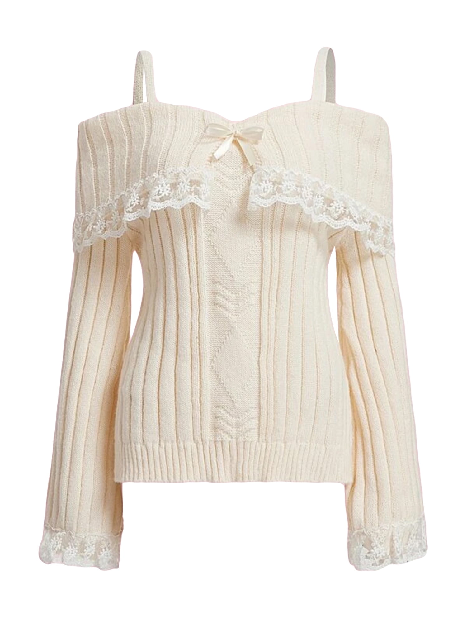 Wassery Women's Sweet Sweaters Long Sleeve Cold Shoulder Contrast Lace ...