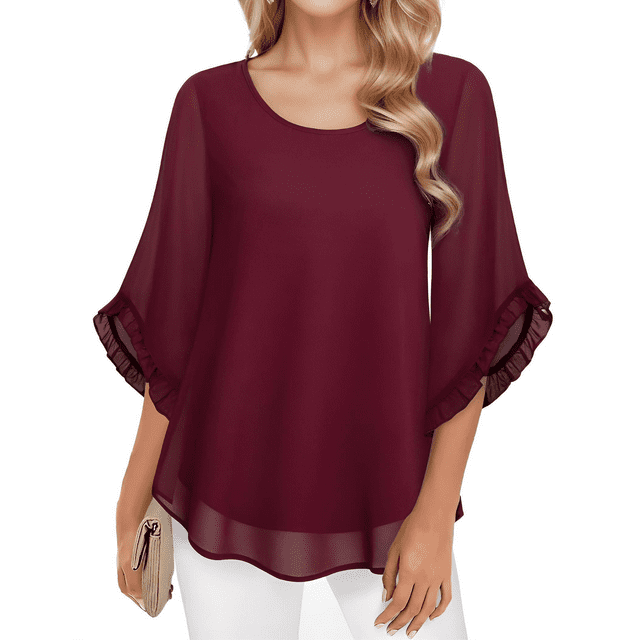 Wataxii Blouses for Women Dressy Casual Womens 3/4 Ruffle Sleeve Tops Flowy Chiffon Blouses ...