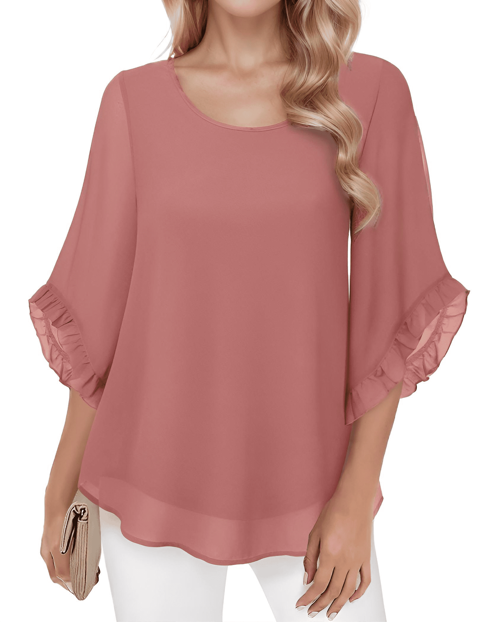 Wataxii Blouses for Women Dressy Casual Womens 3/4 Ruffle Sleeve Tops Flowy Chiffon Blouses ...