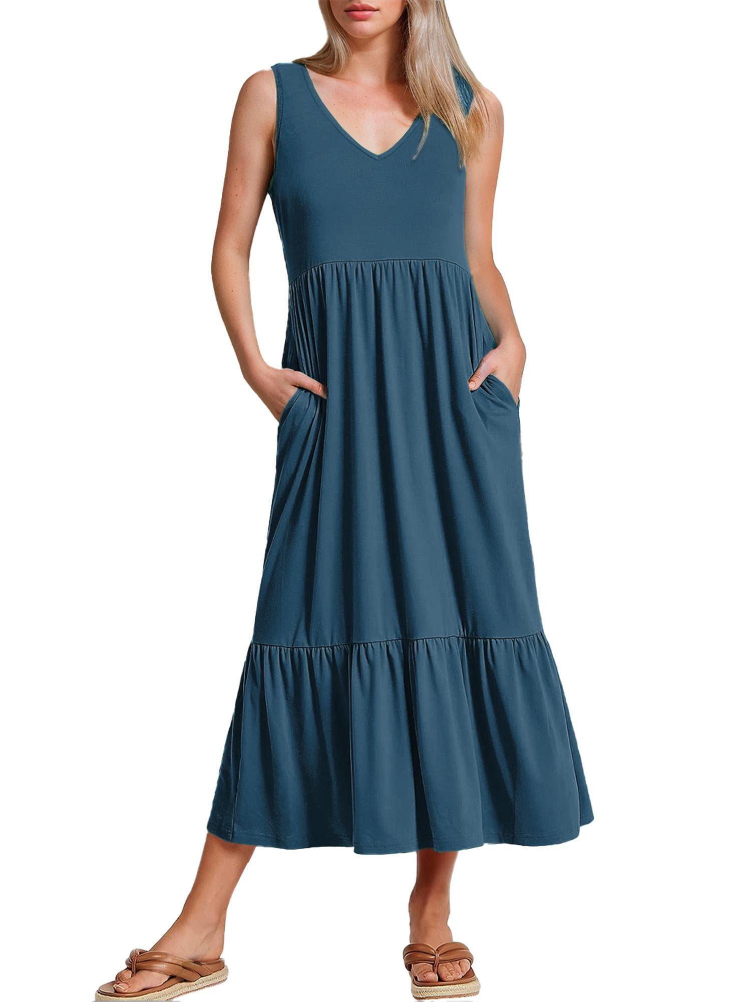 Anbech Women 2024 Ruffled Pleated Dress Flowy Long Sundress Sleeveless ...