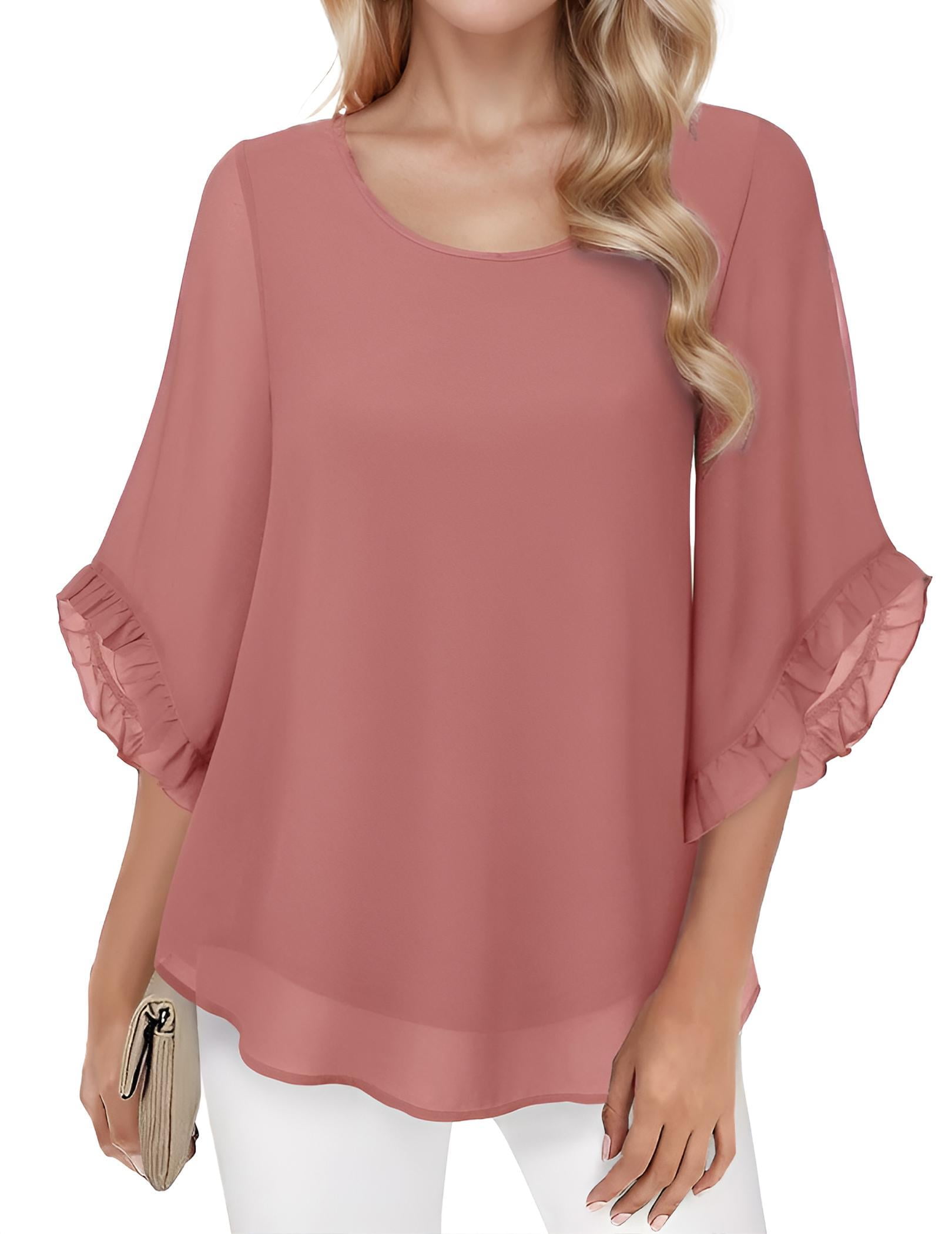 Wataxii Women's 3/4 Ruffle Sleeve Blouse Tops Double Layers Flowy ...