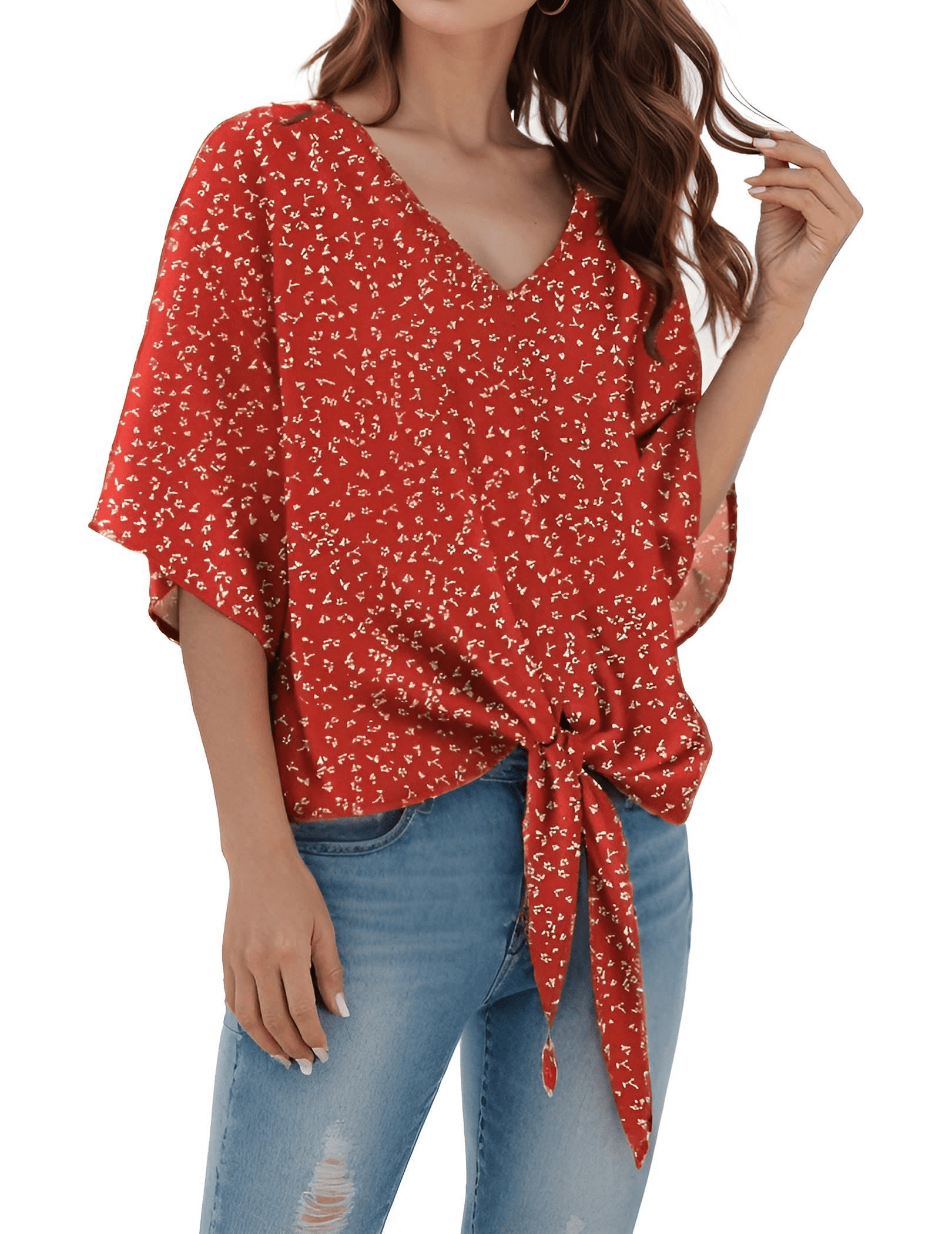 Wataxii Womens Blouses Dressy Casual Womens 3/4 Batwing Sleeve Red Tops ...
