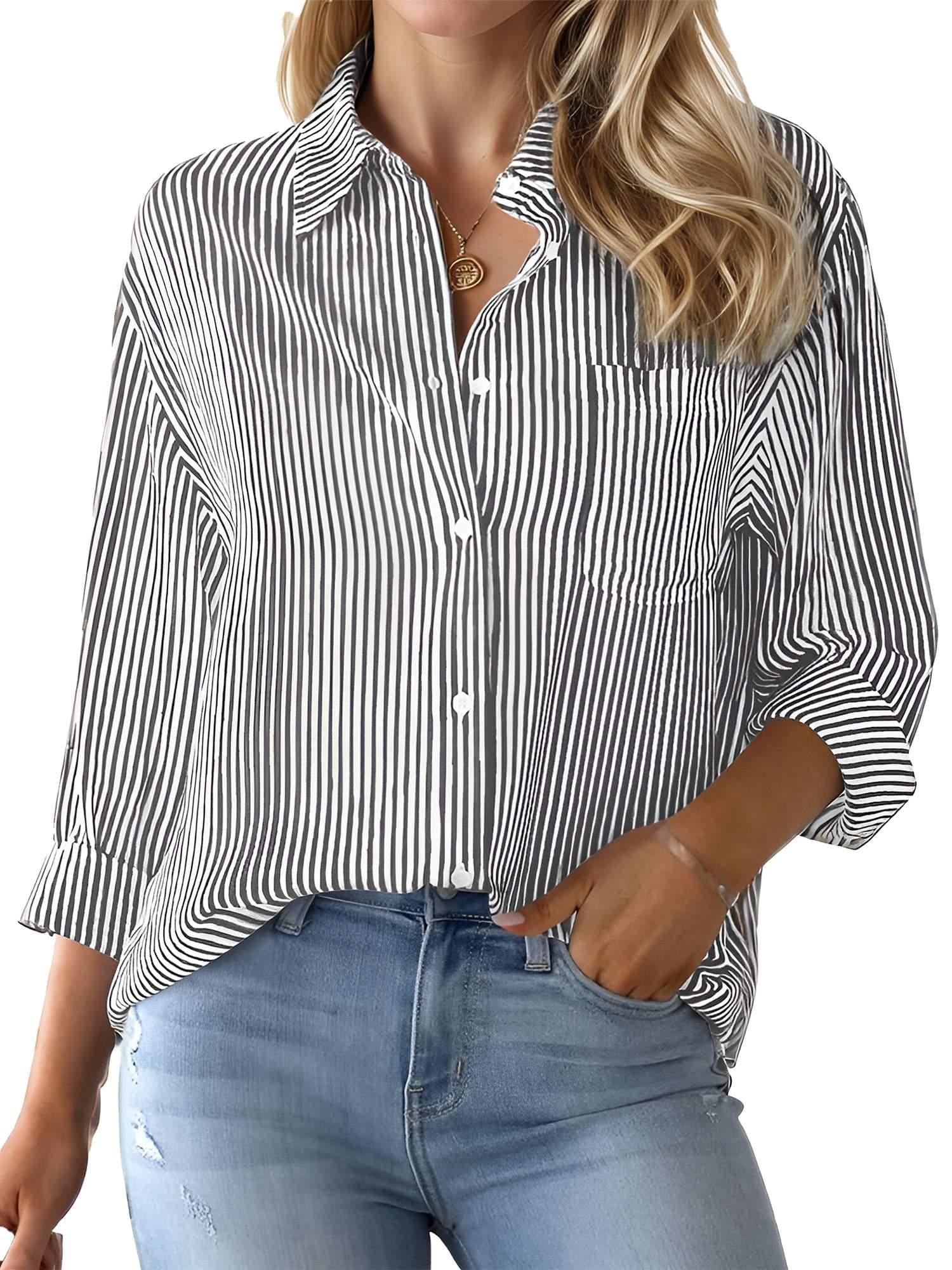 Weardear Womens Button Down Shirts Striped Classic Long Sleeve Collared ...